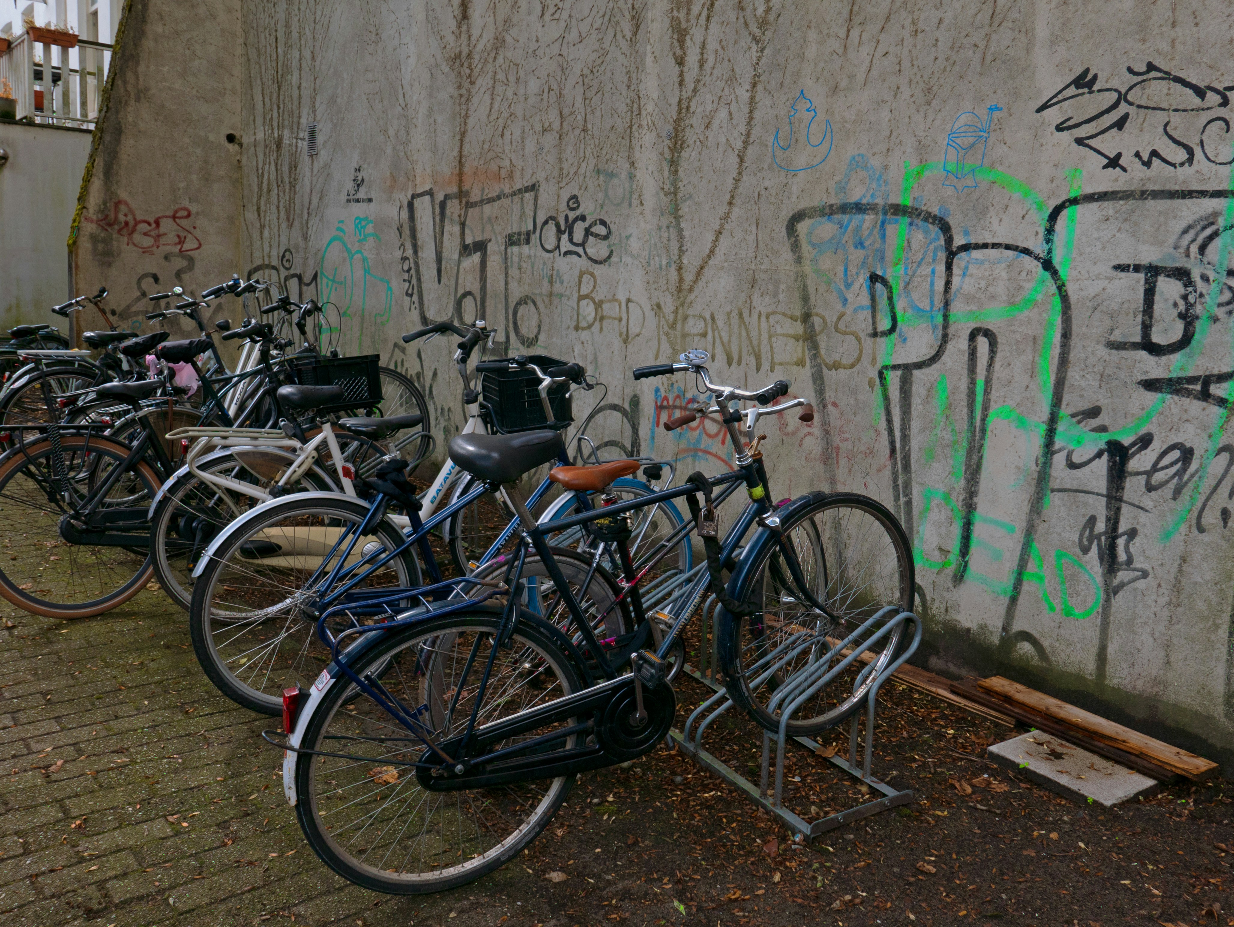 Bike Rack Oasis Against Graffiti-Wrapped Wall