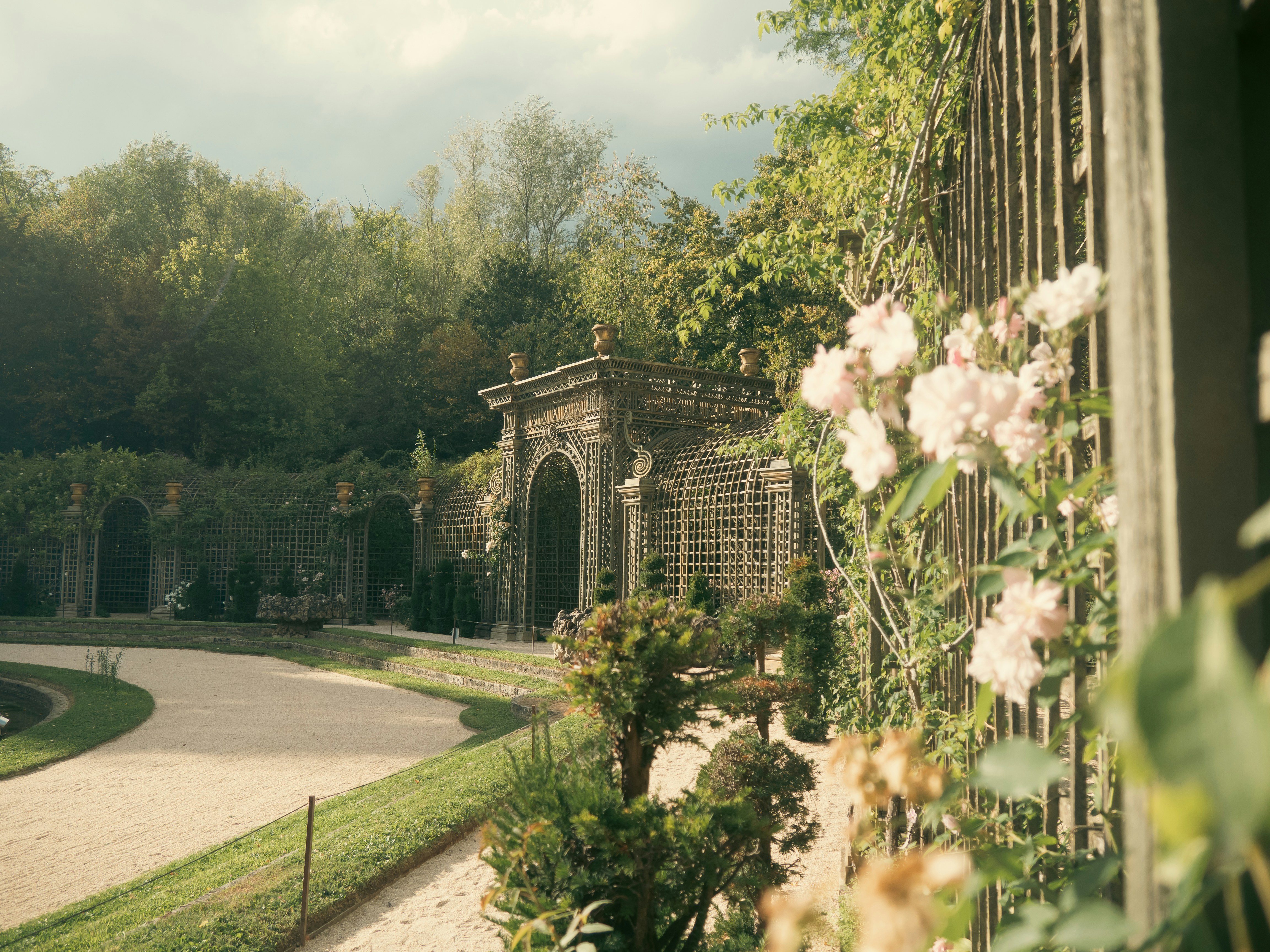 Sunlit Garden Gate: Floral Archway Framing a Classical Path