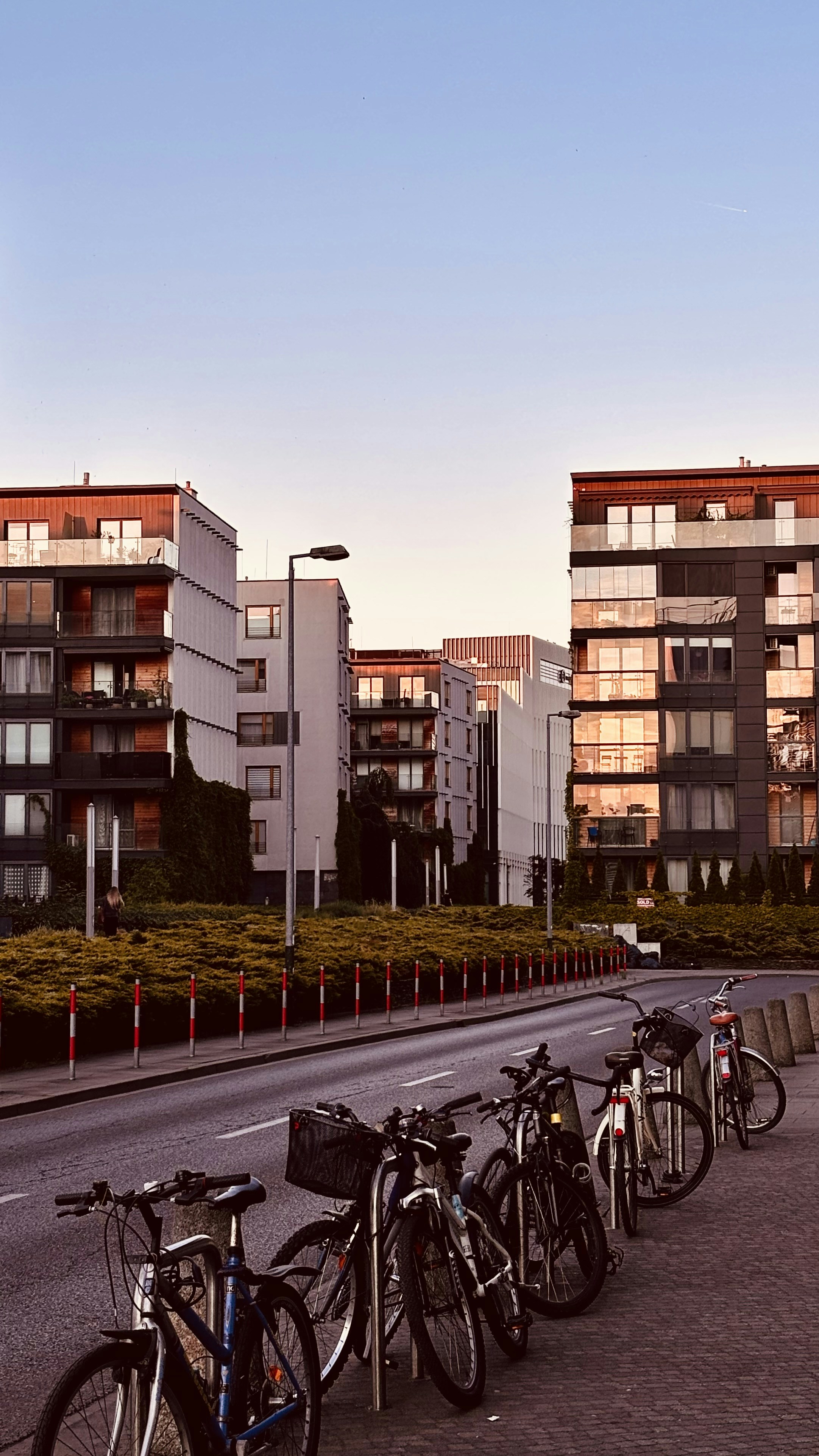 Row of bicycles at the edge of a sunlit urban street
