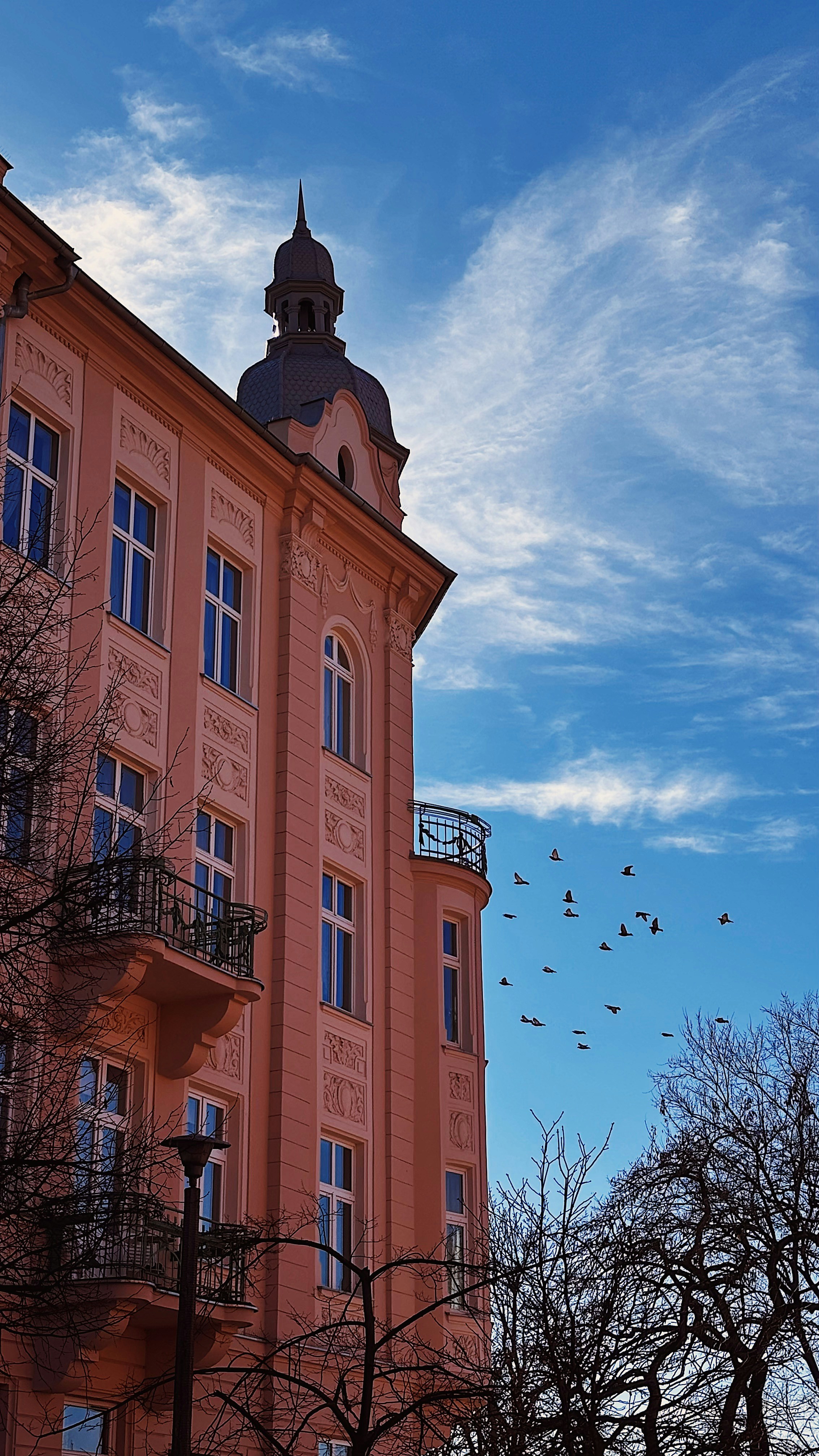A peach-toned, ornate building rises along the street with a blue sky above and bare trees in the foreground.