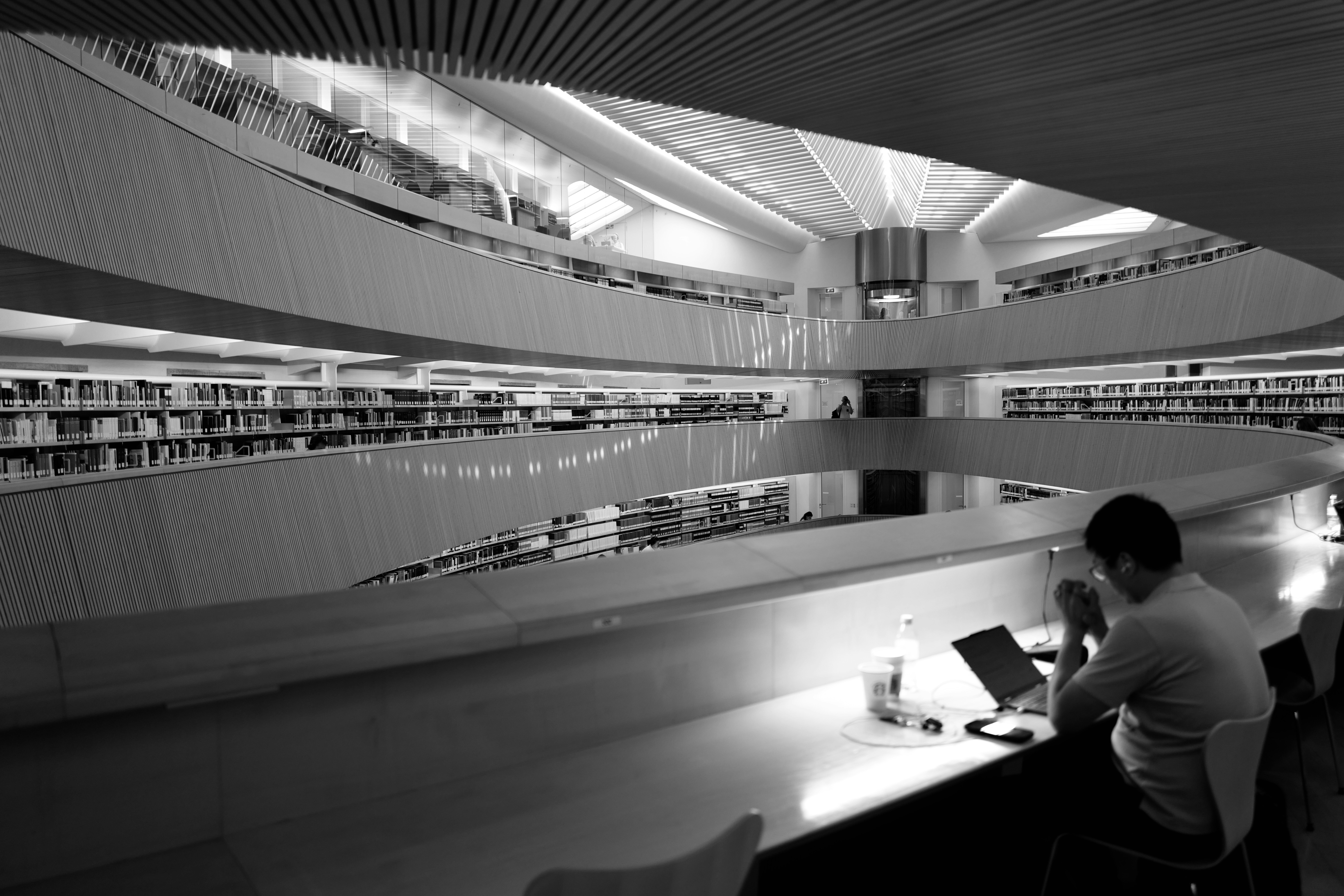 Quiet Study Amid Spiral Rails: A Library at Dusk