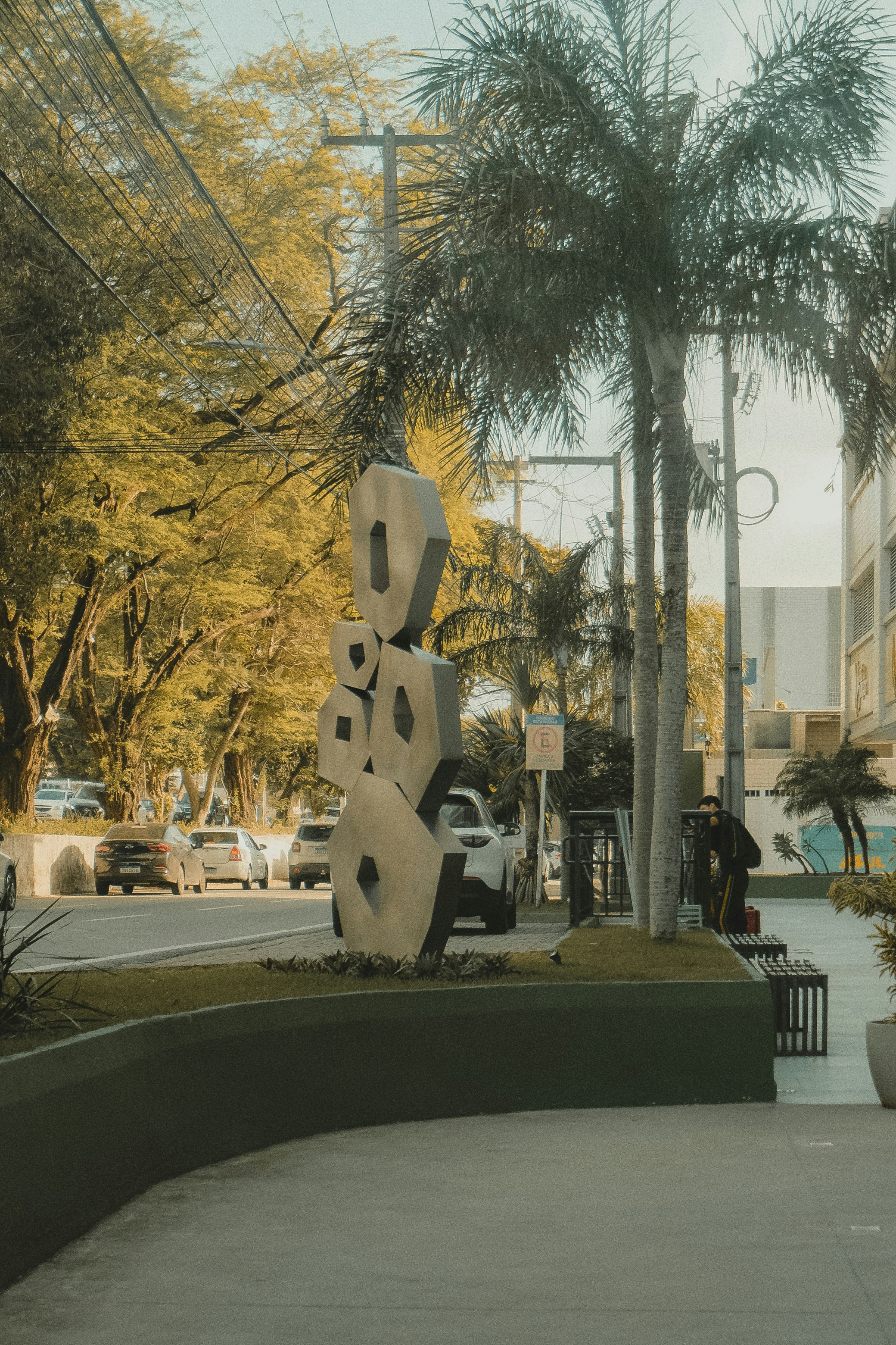 Urban palm-shadowed sculpture line anchored by a city street
