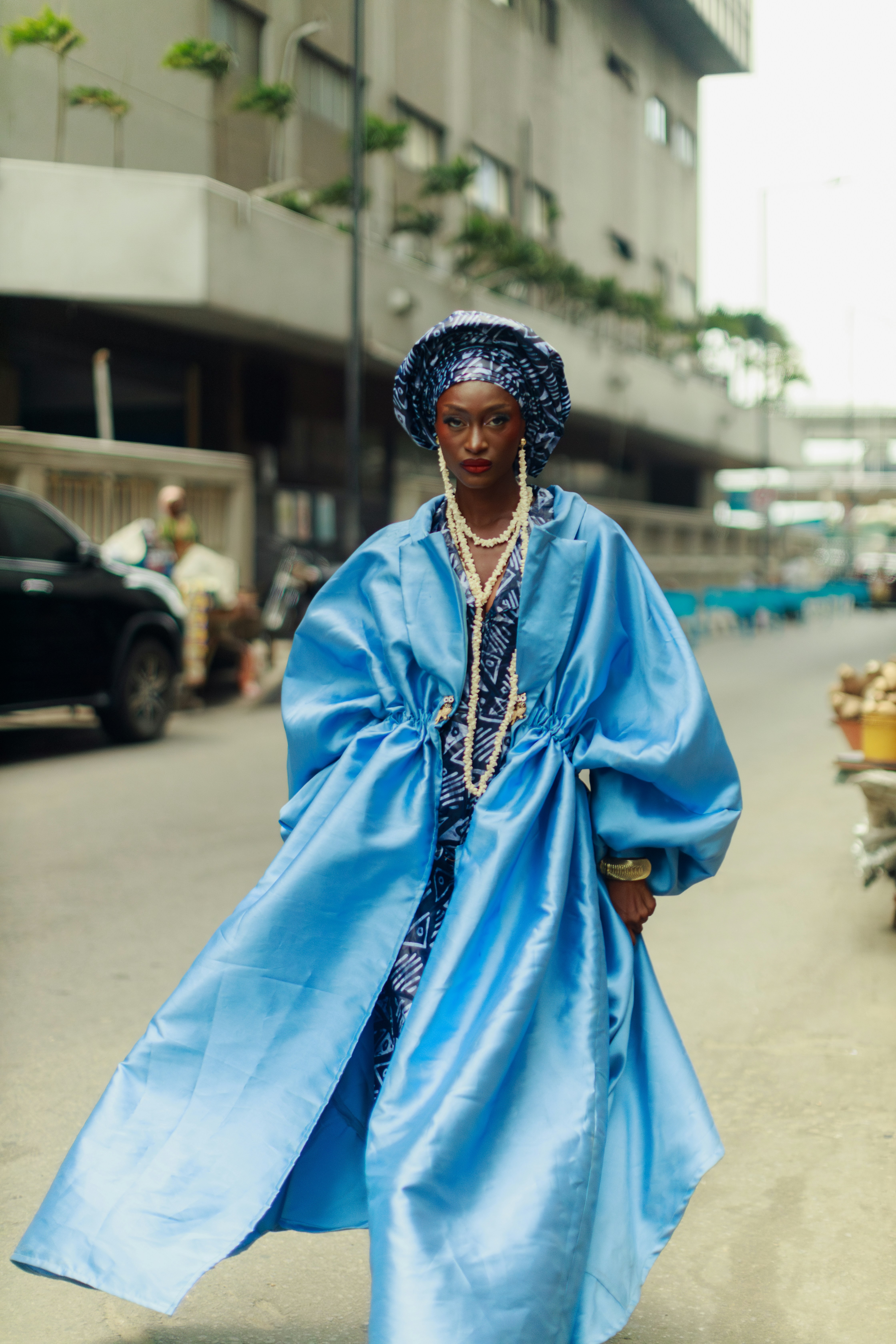 Azure Reverie: A Fashion Moment on a City Street