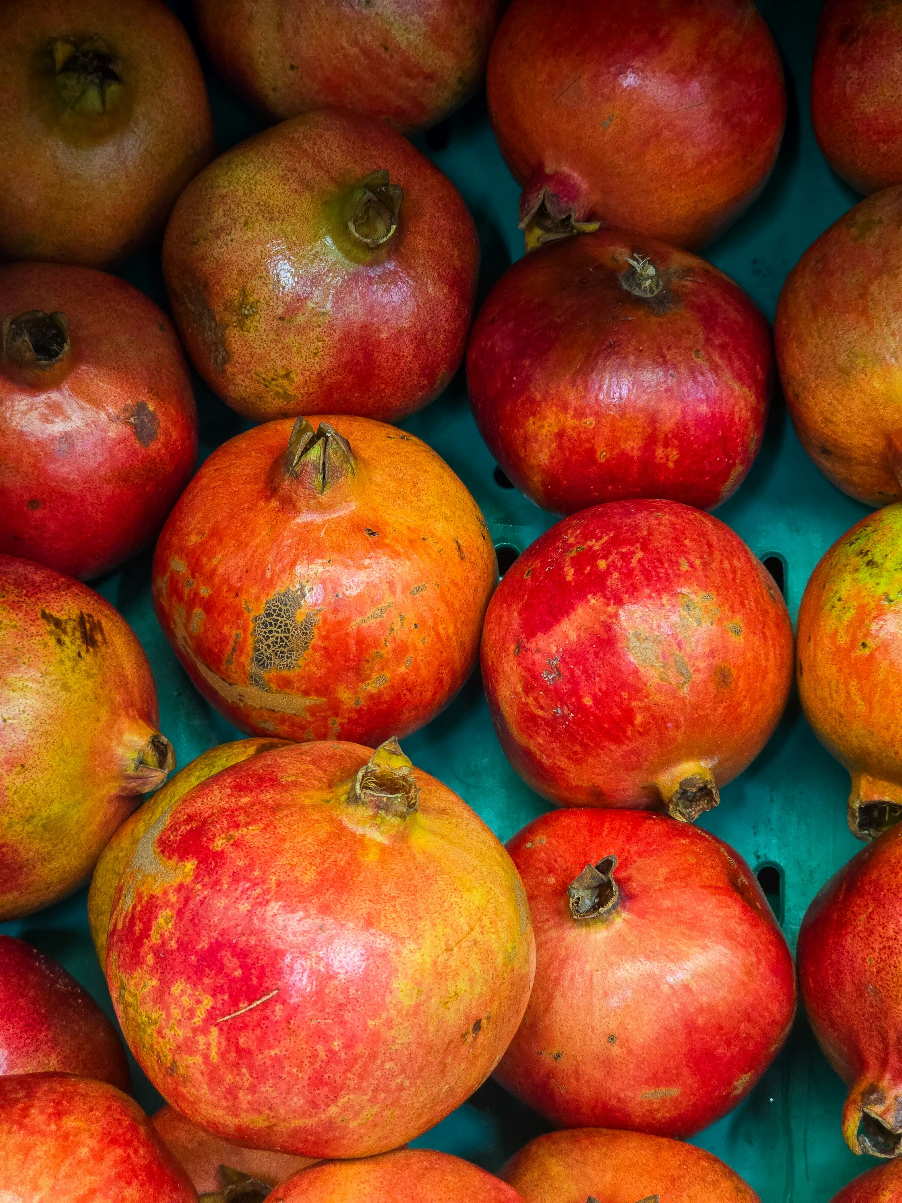 A Burst of Red Orbs: Pomegranates in Teal Light