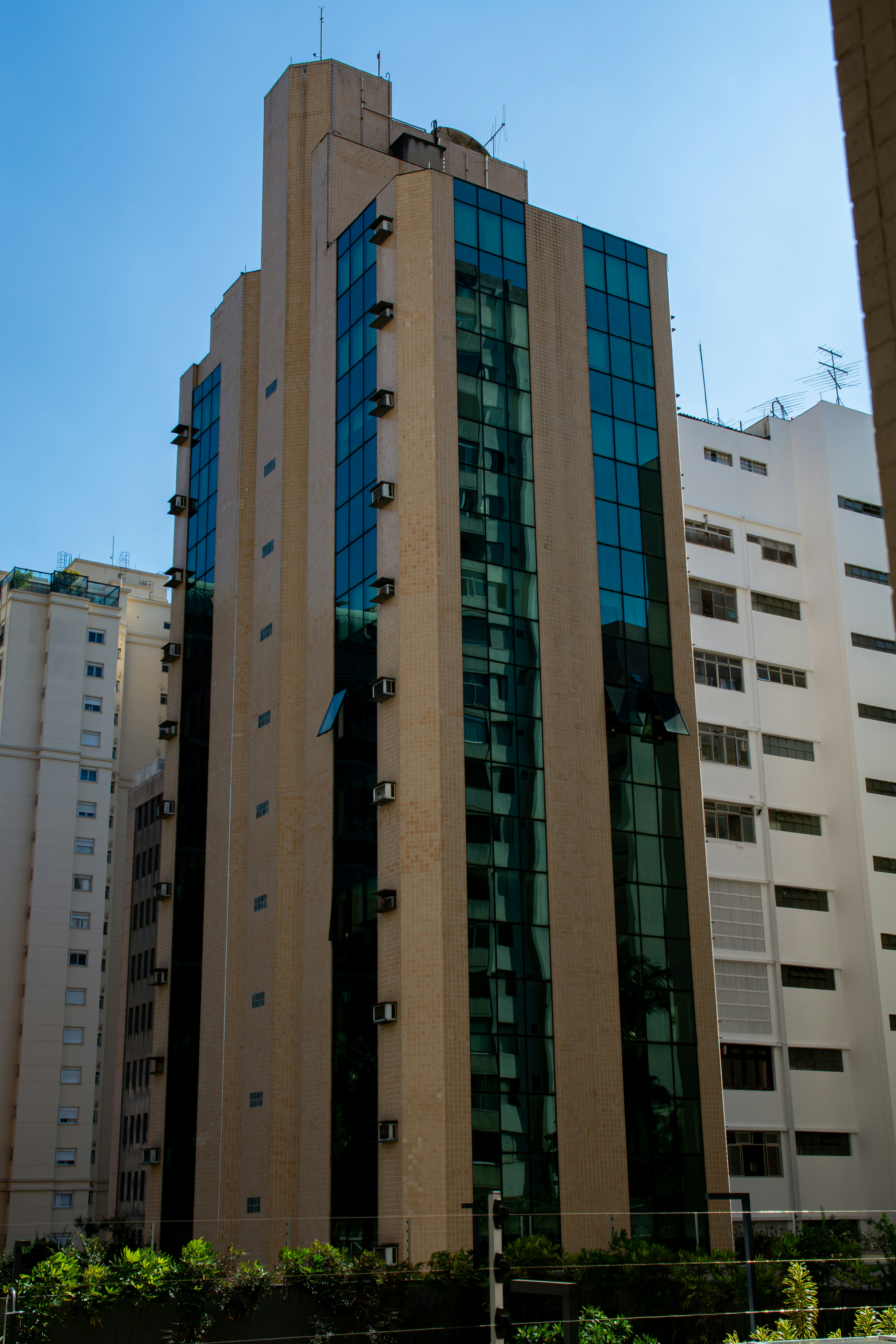 Vertical Facade: A Towering Glass-and-Treezeed Glass-striped Corporate Sky-Anchor