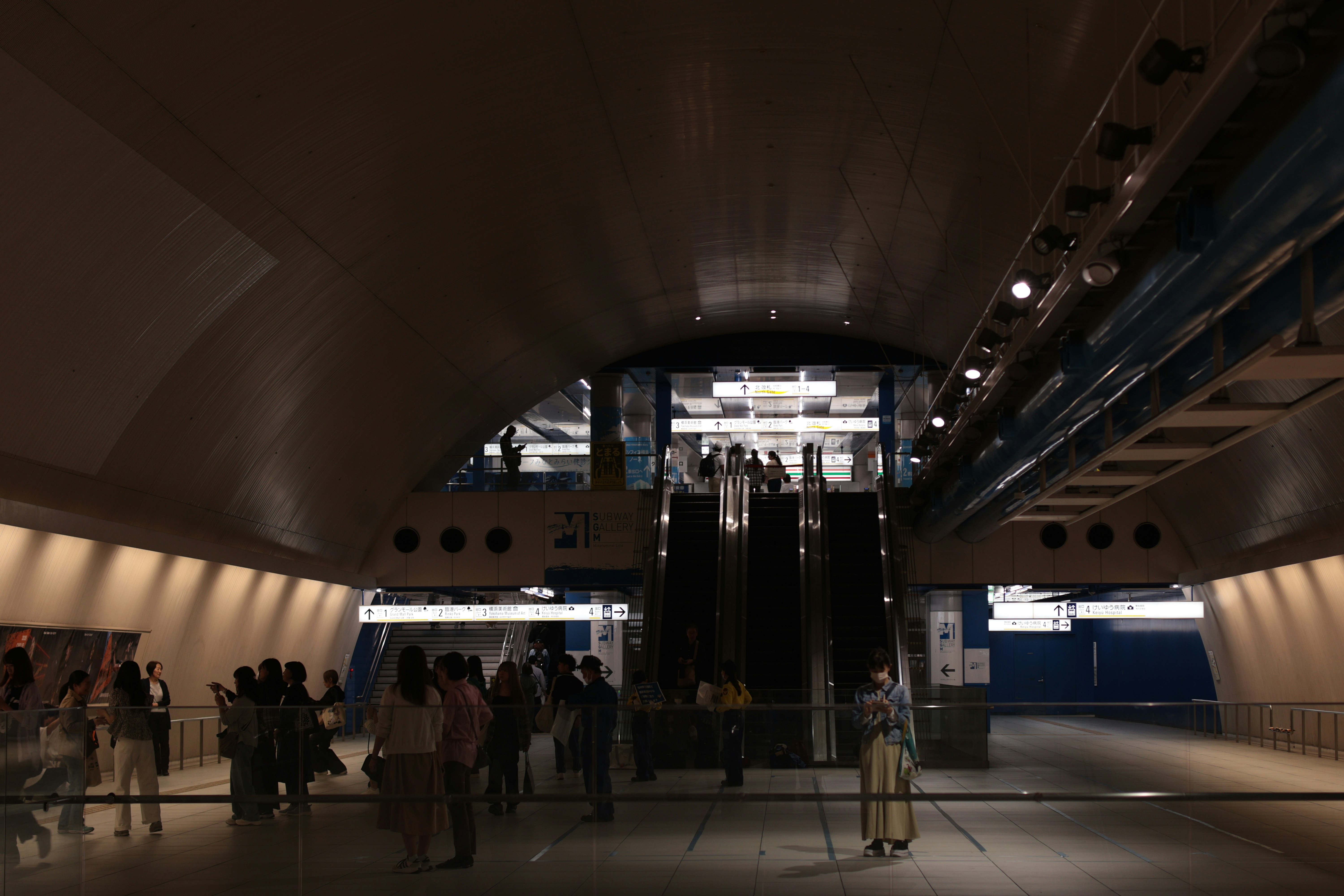 Midfield Convergence: Escalators Anchored by Quiet Crowd