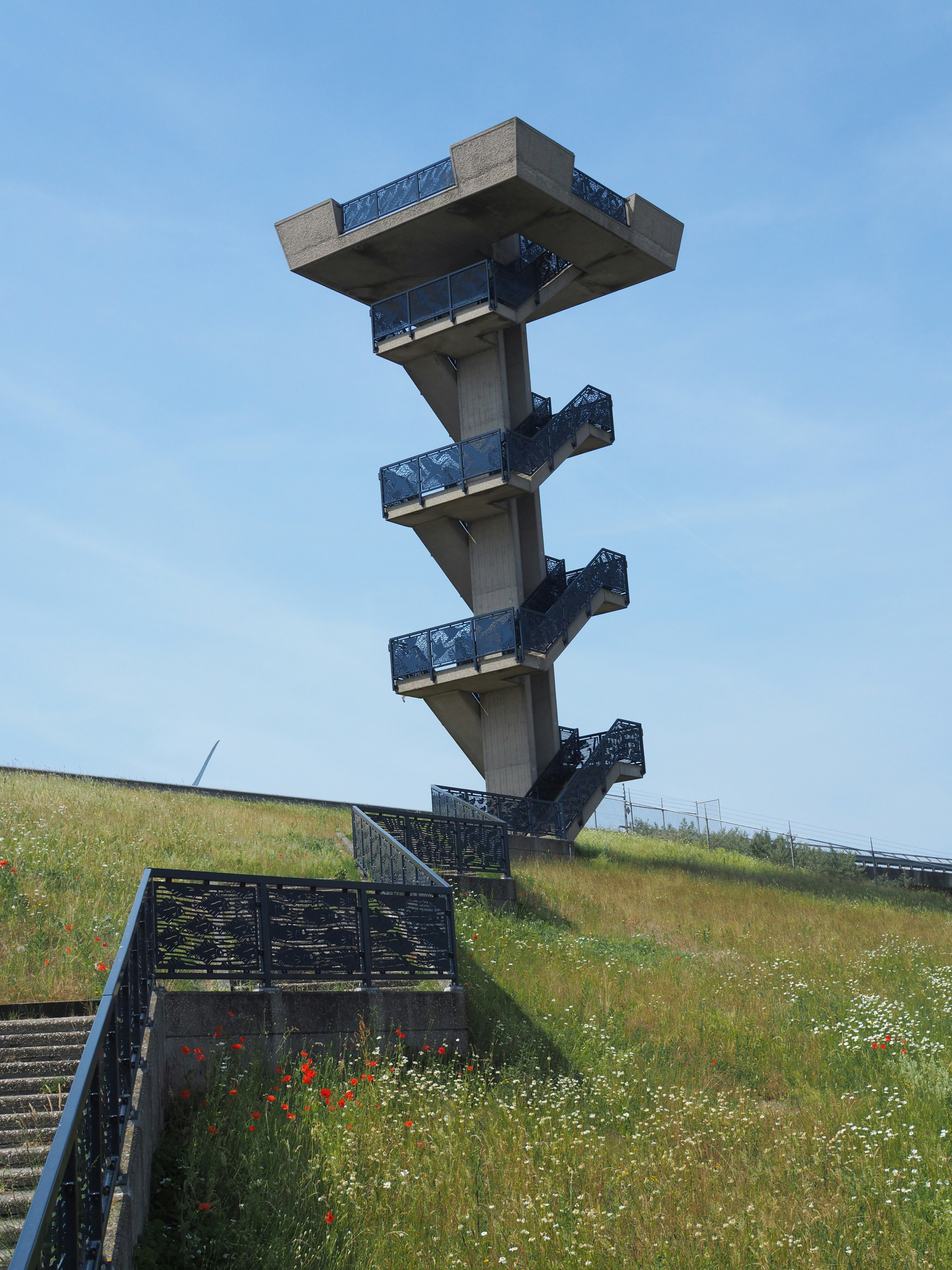 Concrete Staircase Spiral Rises Above Wildflower Field
