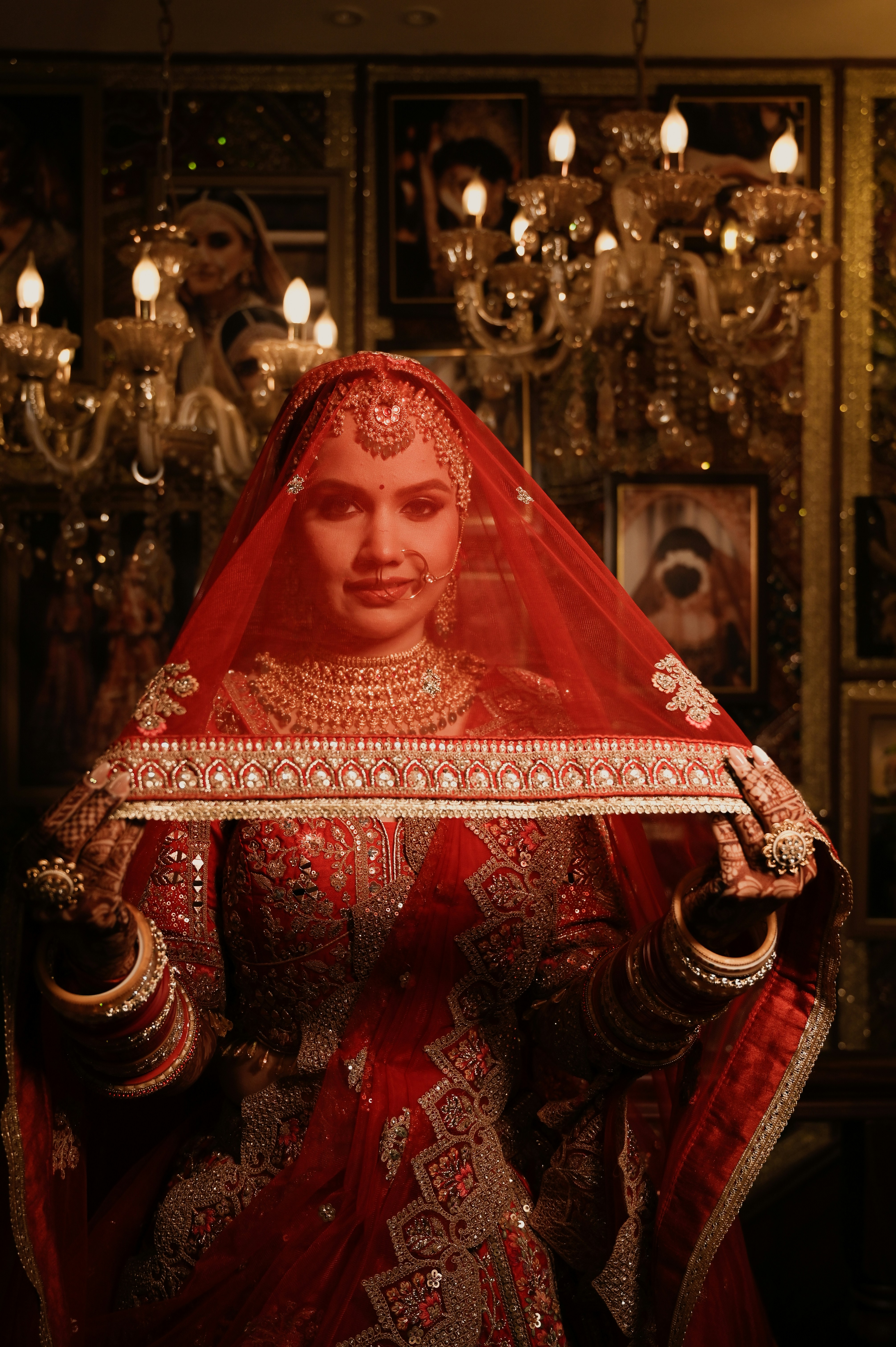 Red-veiled Bride: Sparkling Ornaments Under Candlelit Chandeliers