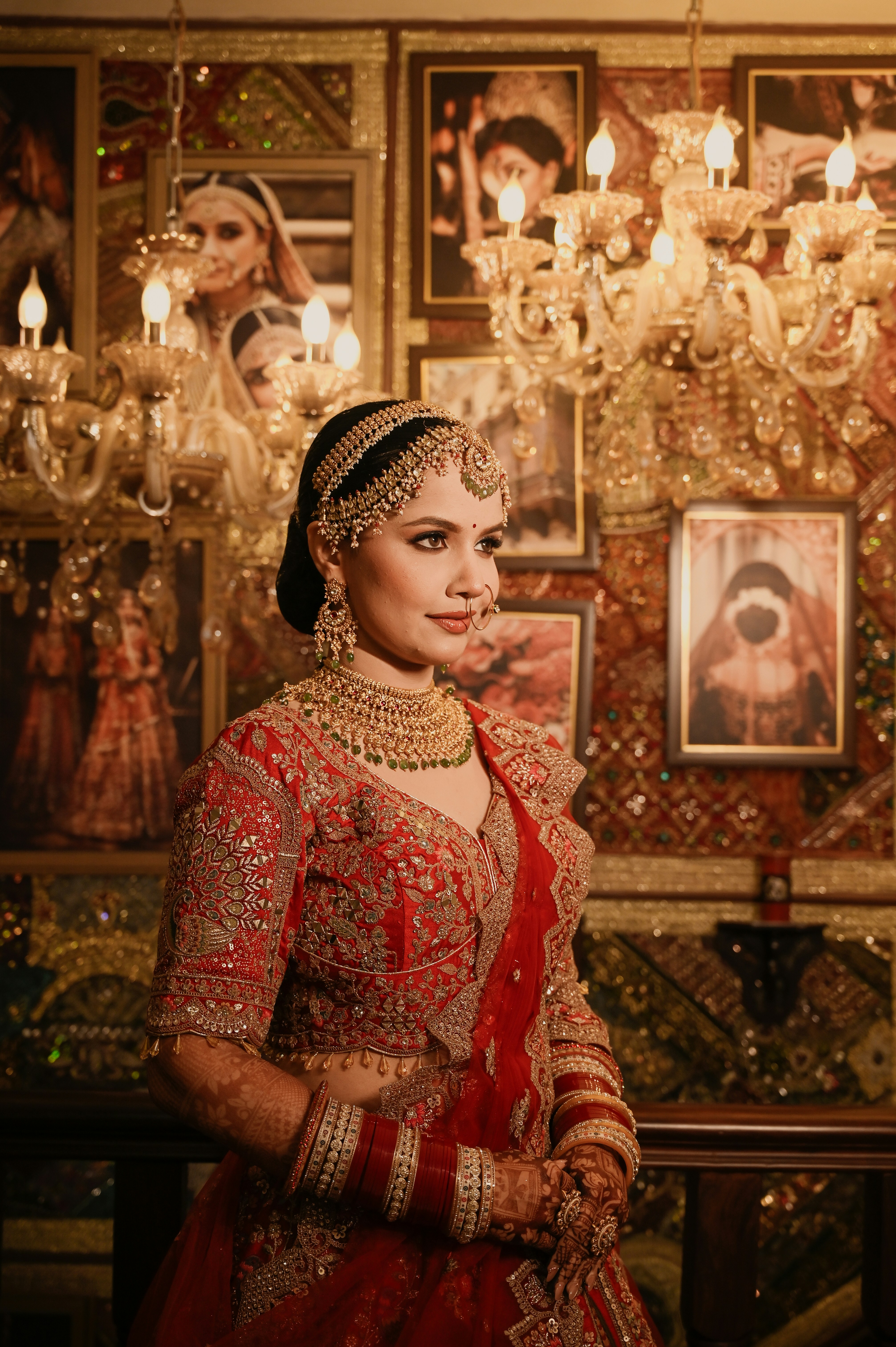  Regal Bride in Ornate Red: Jewelry and Gilded Backdrop