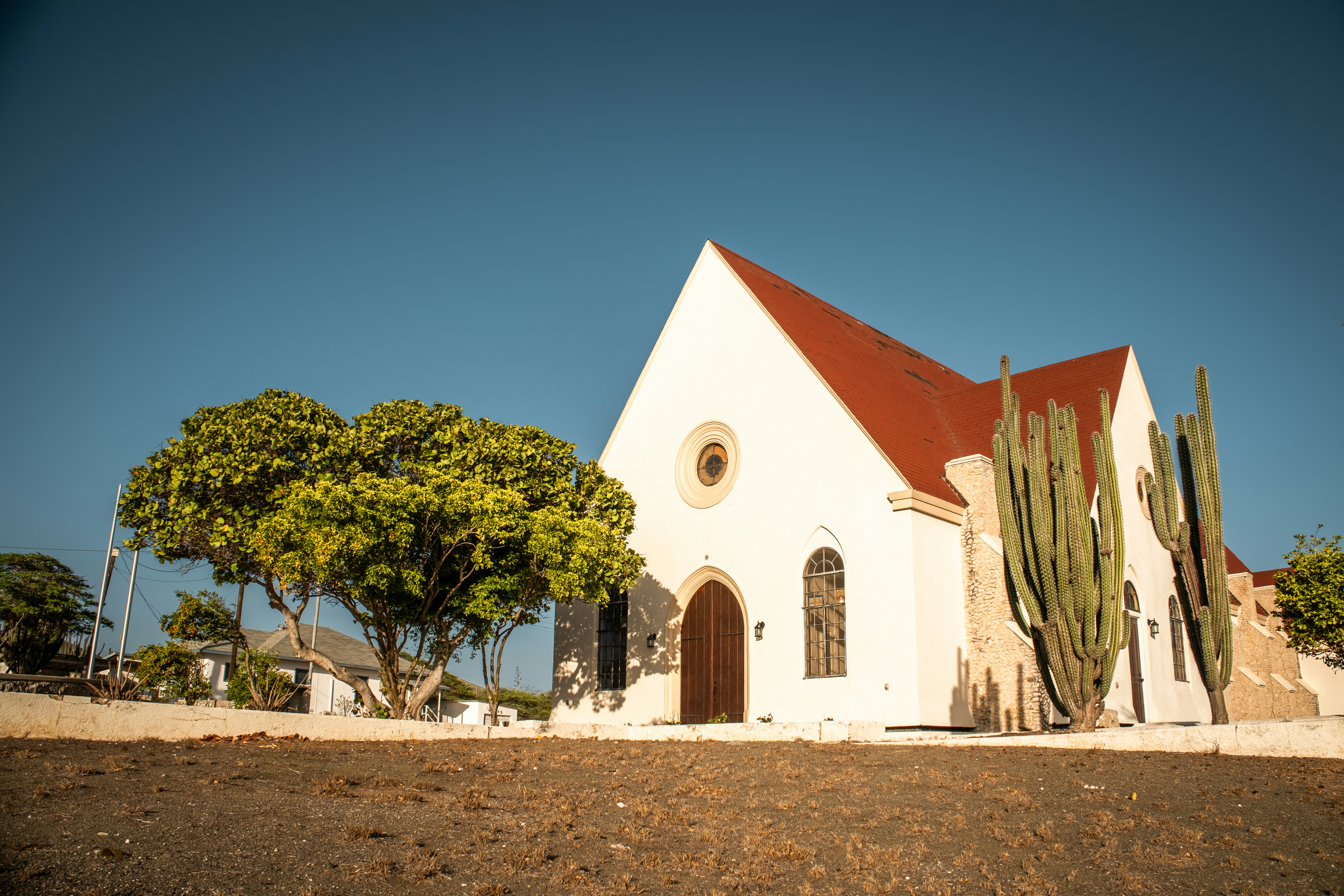White chapel with arched door and cactus shadows under a blue sky