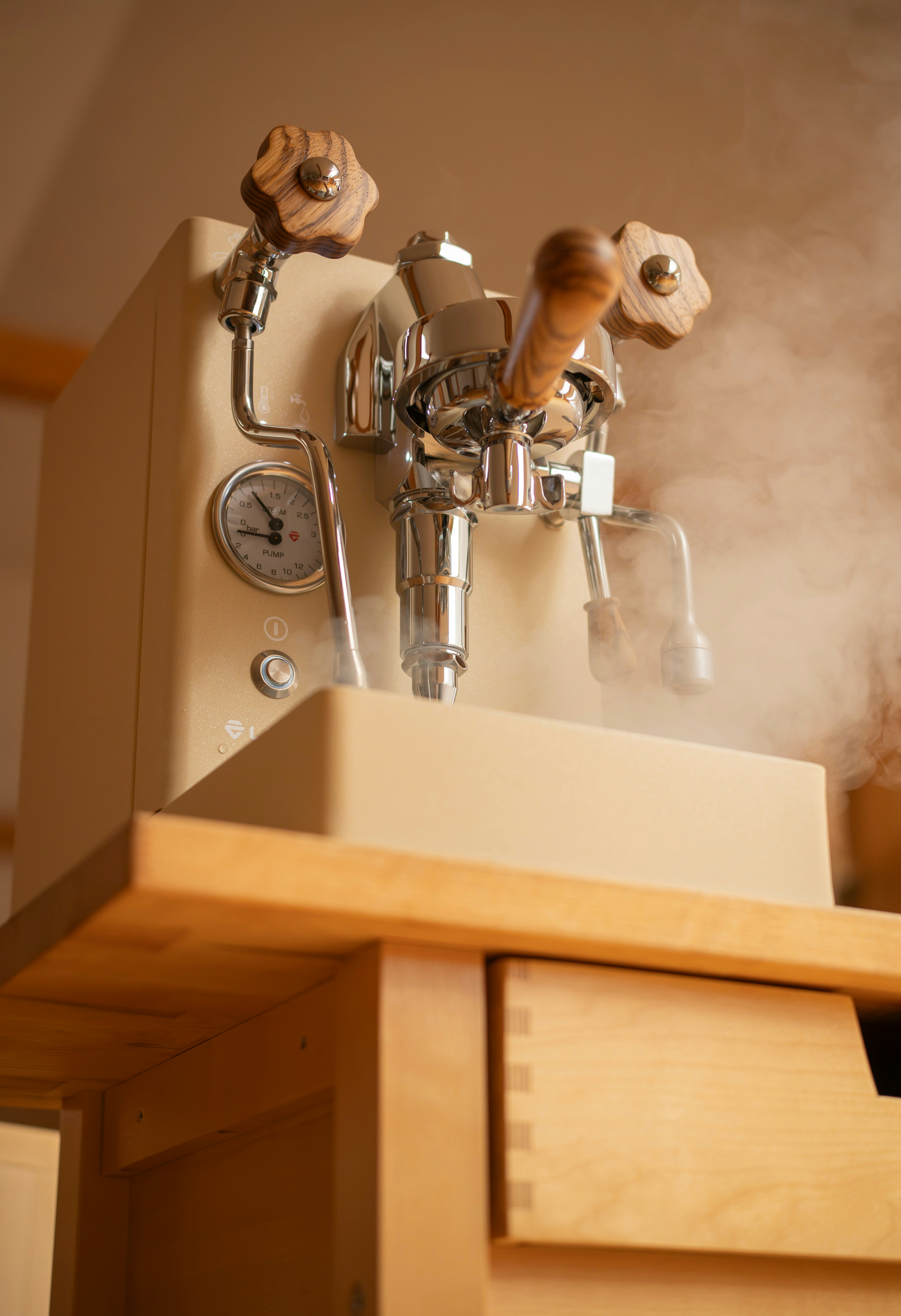 Steam-Curved Precision: Espresso Machine on a Wooden Stand