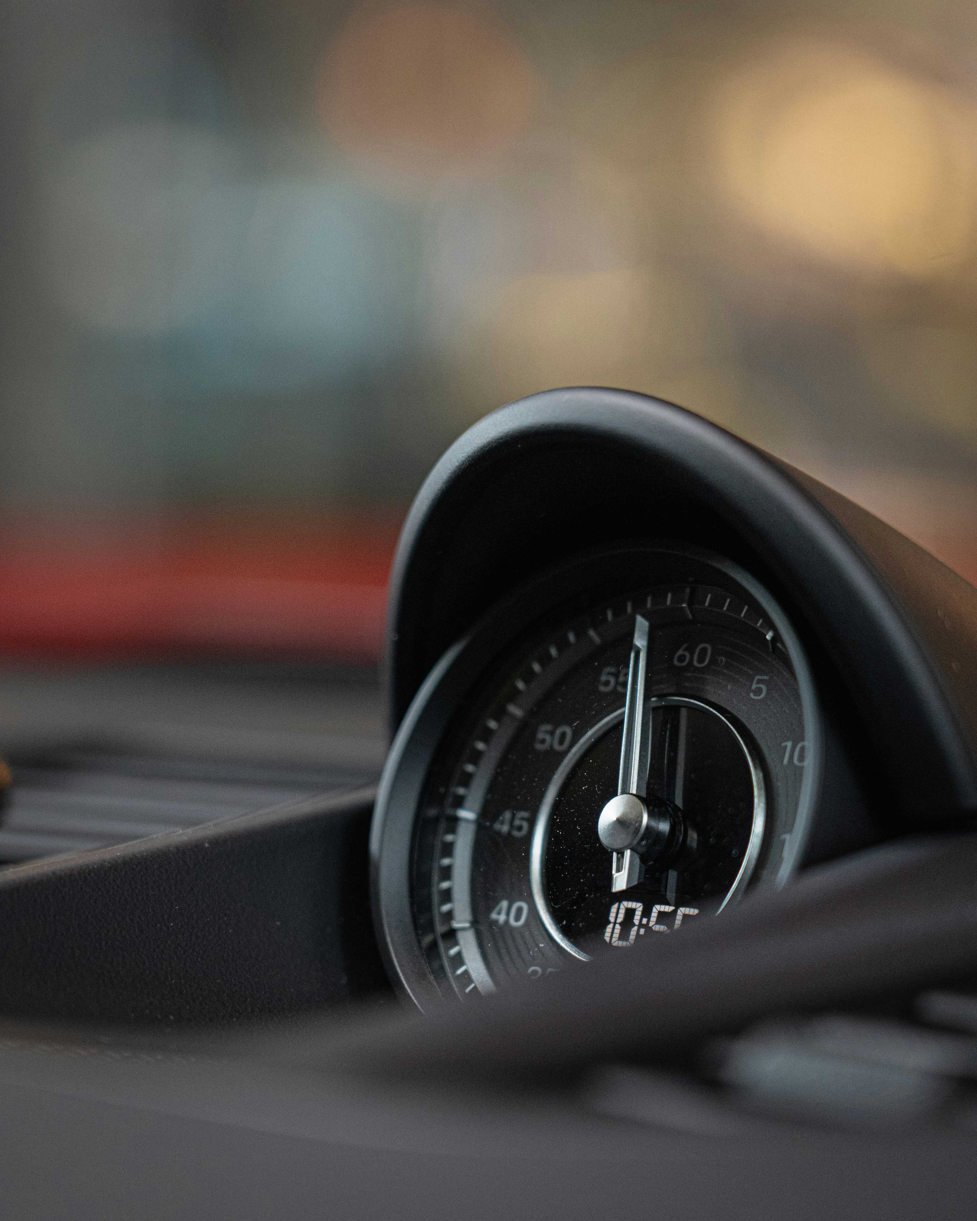 Precise Moment: The Clock-in-Dial Focus of a Car Instrument Console