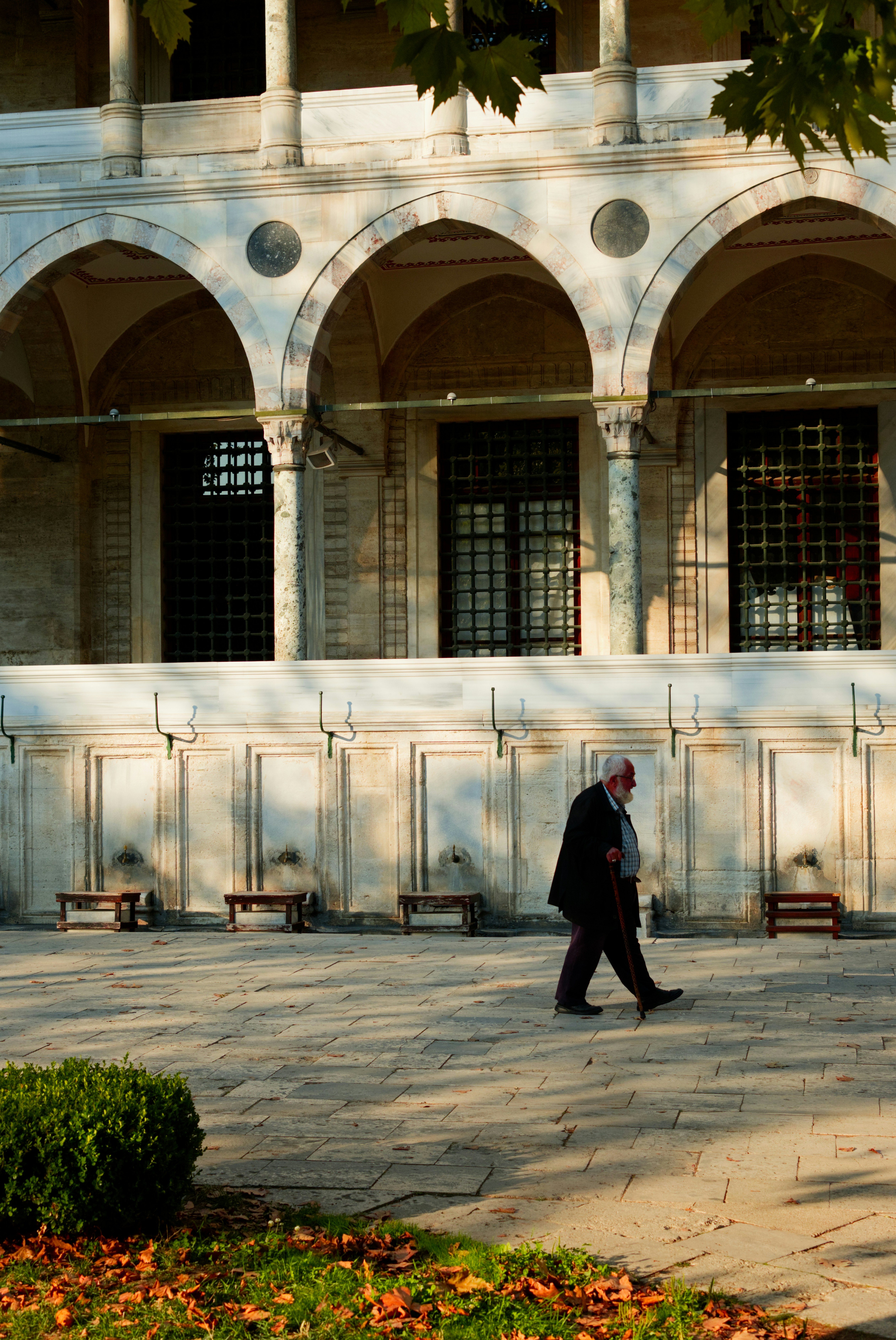 Slow Walk, Sunlit Courtyard: An Elderly Gentleman Beneath Arched Acolytes