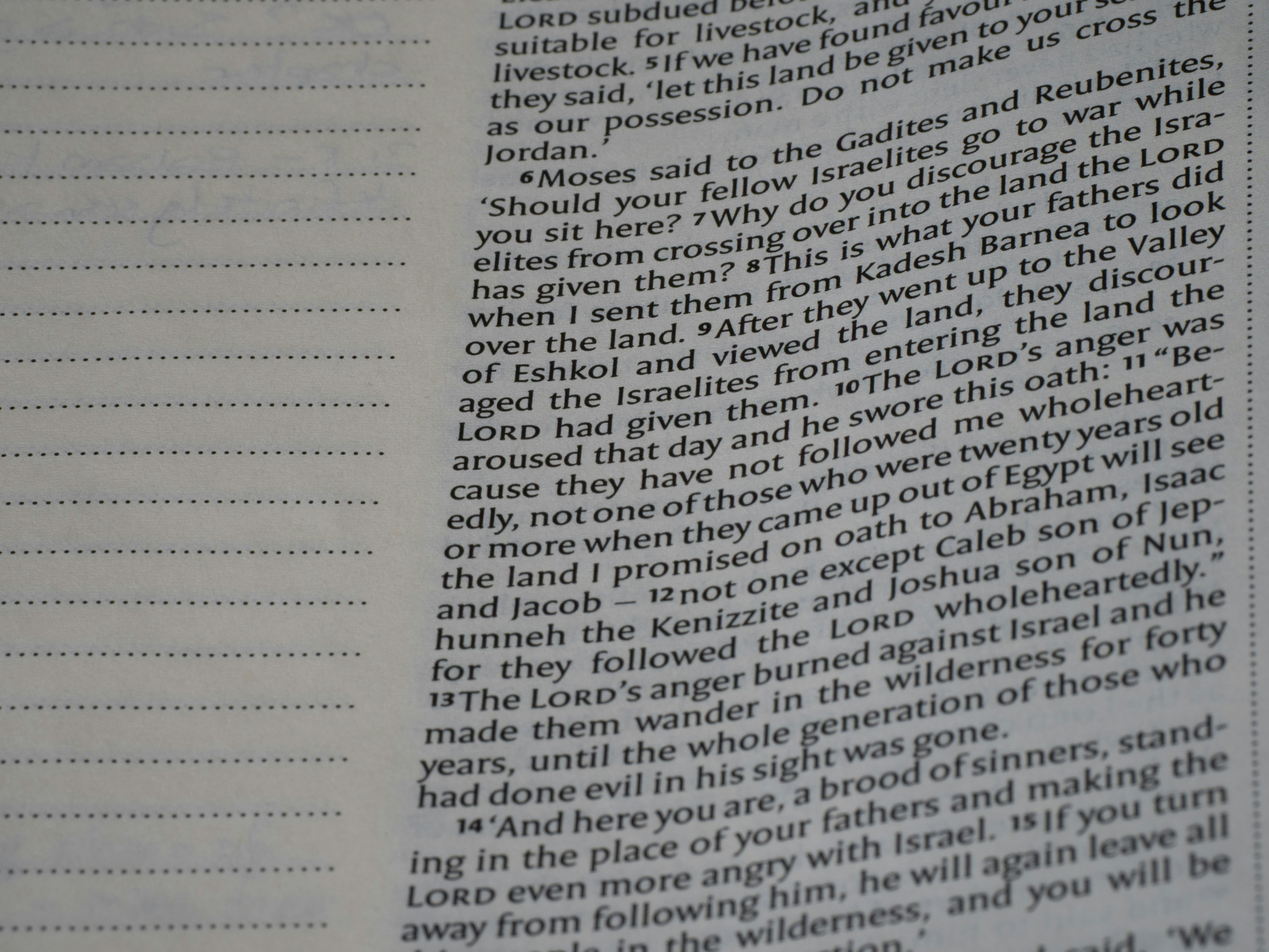 Close-up of a printed Bible passage with dense, serif text and narrow columns; the image emphasizes typography and the texture of the paper, suggesting a quiet study or reading moment.