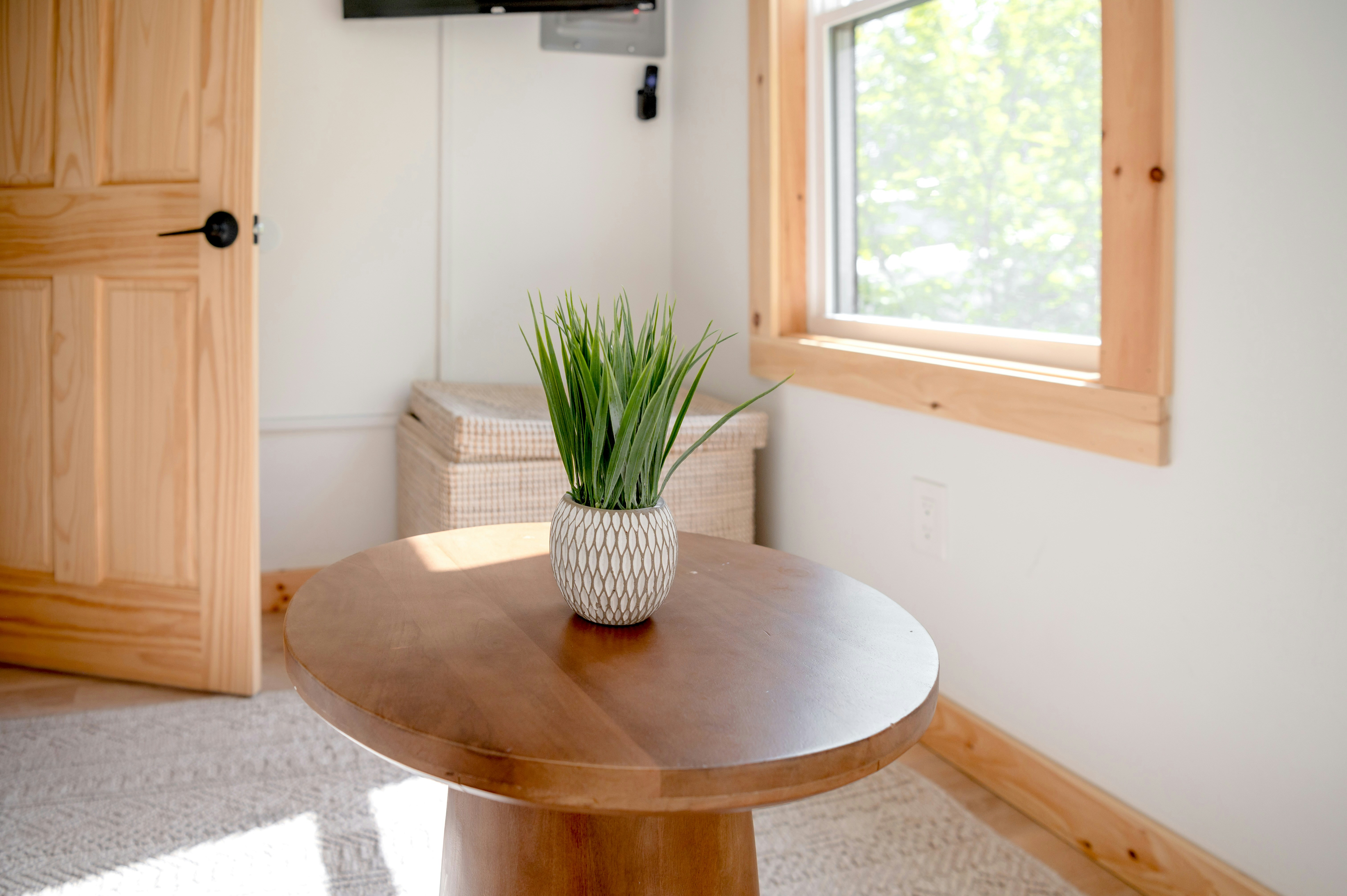 Sunny Corner Keepsake: Plant in a Woven Pot on a Round Table