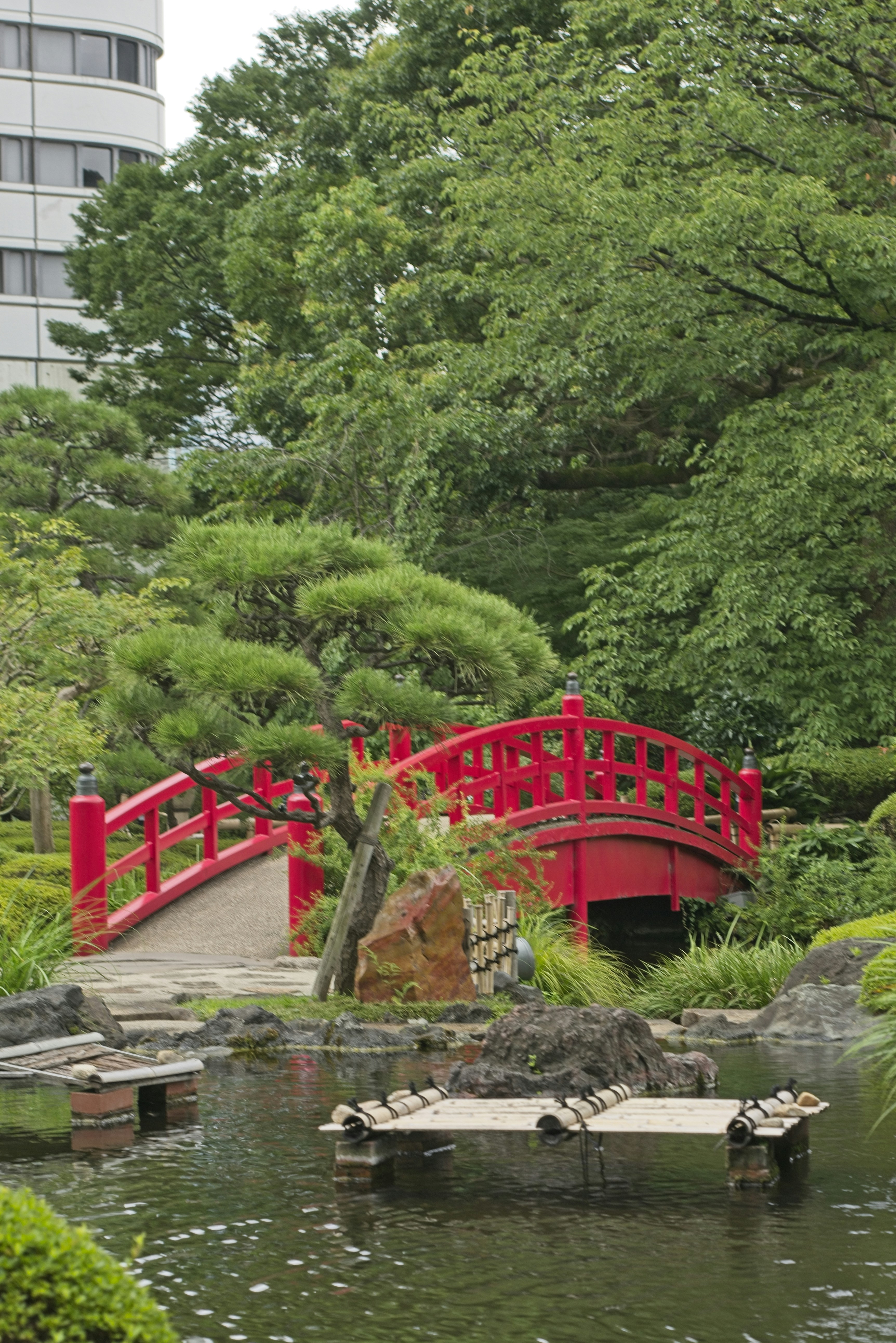 Crimson Bridge Over Quiet Pond: A Zen Corner of Urban Oasis