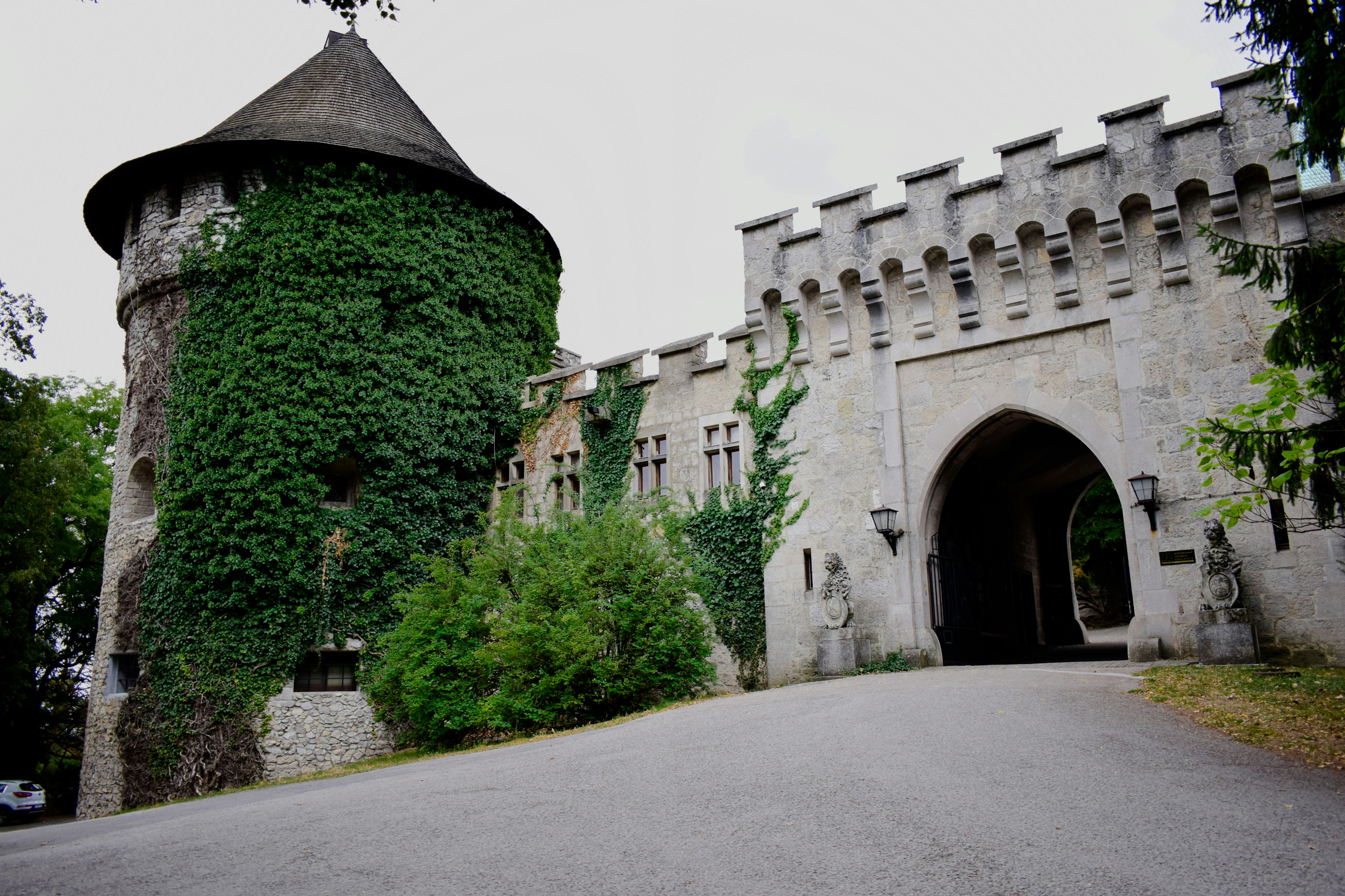  ivy-wreathed tower guarding a stone fortress gate