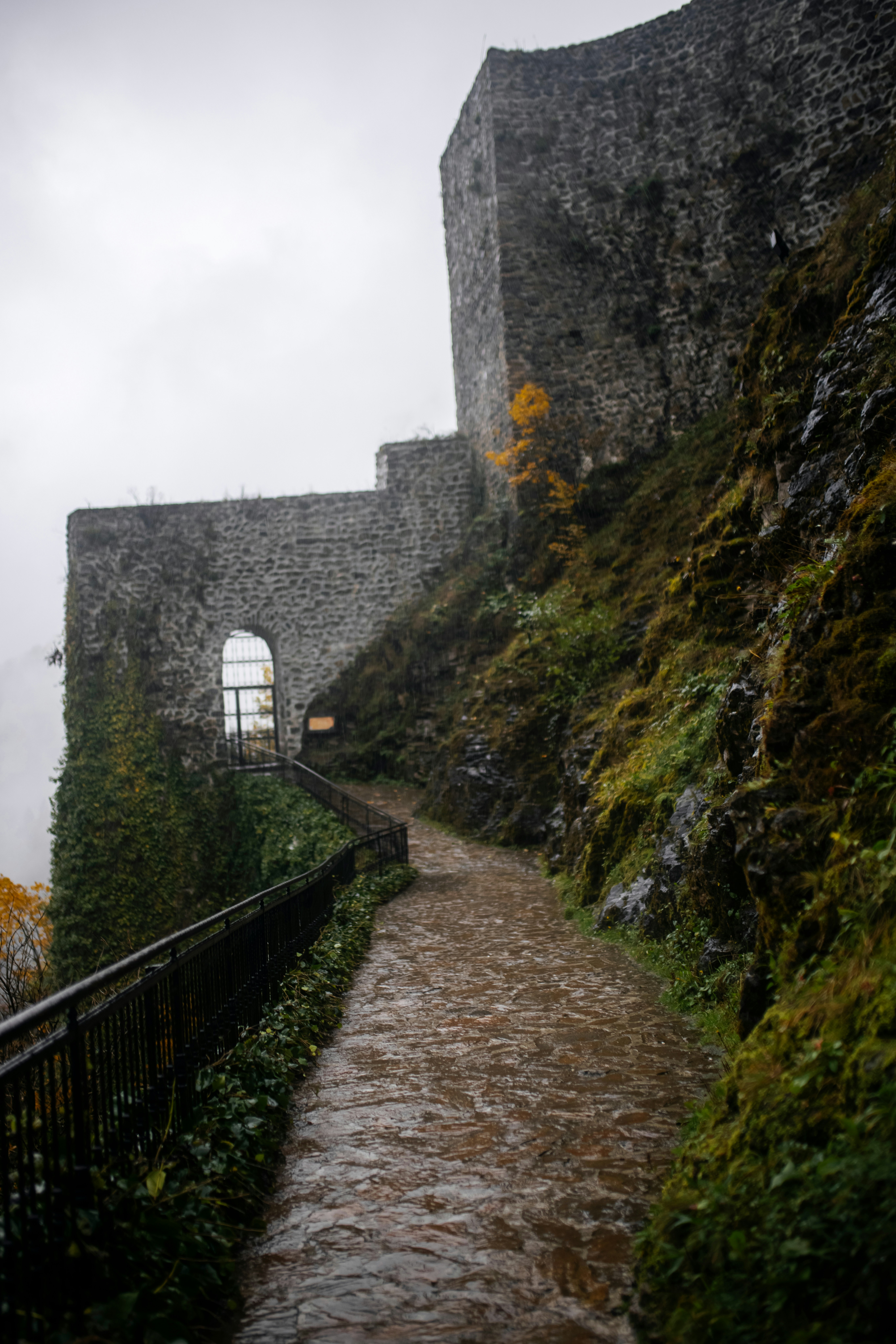 Stone Arch and Pathway through Misty Castle Wall