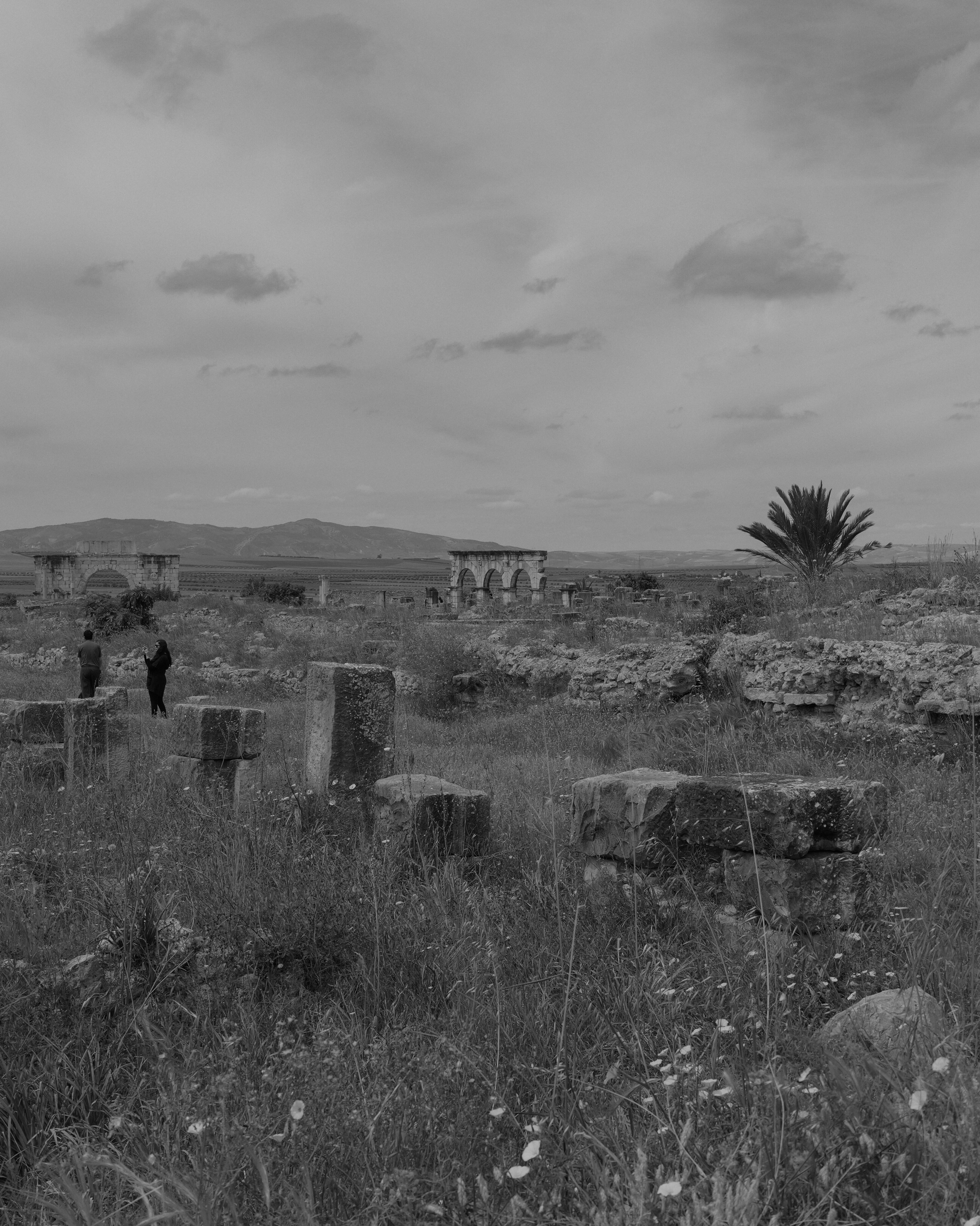 Desolate archaeological site with scattered stone blocks and low vegetation under a vast, cloudy sky.