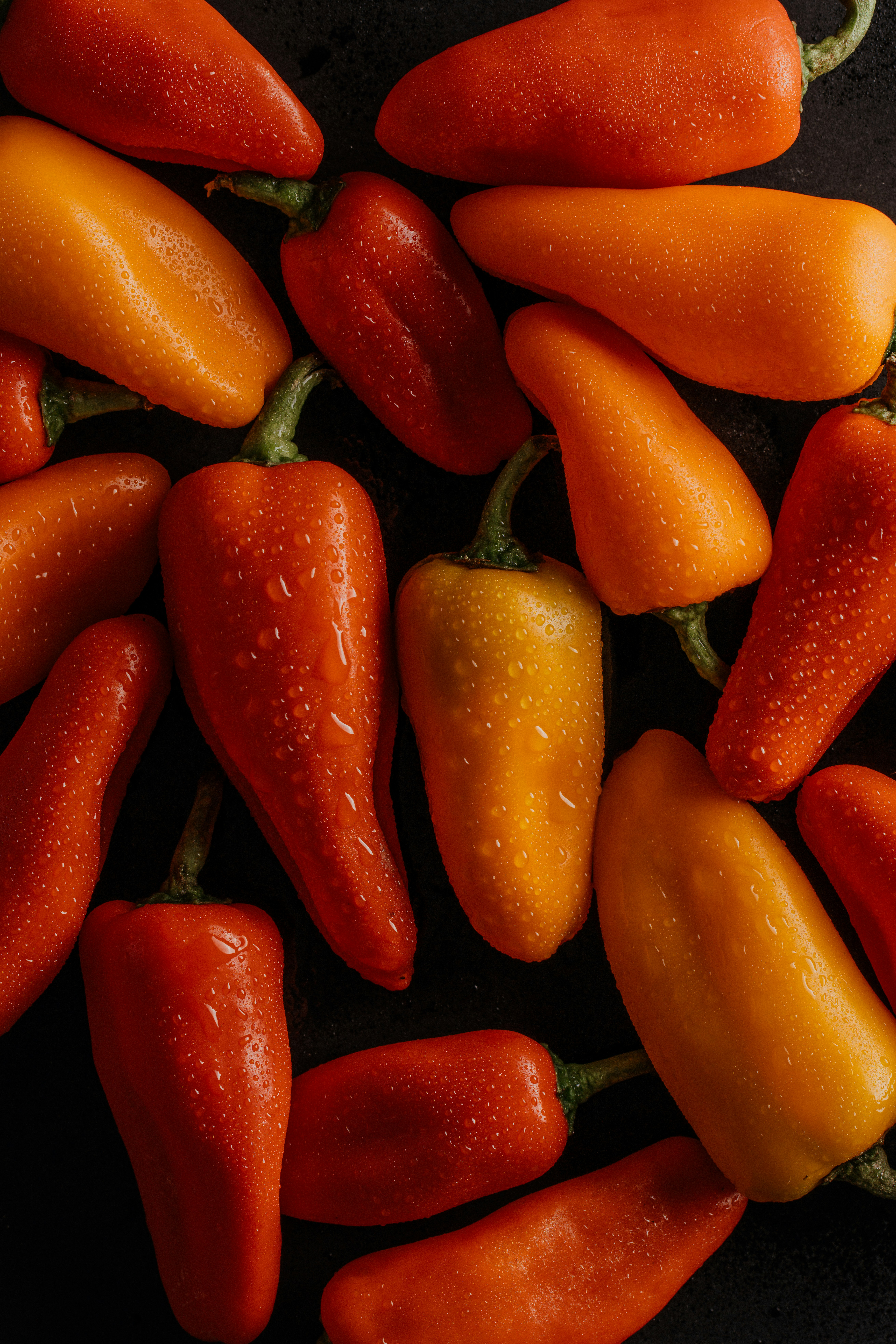 Vibrant pepper mosaic: sun-warmed reds and golds nestled on a dark bed