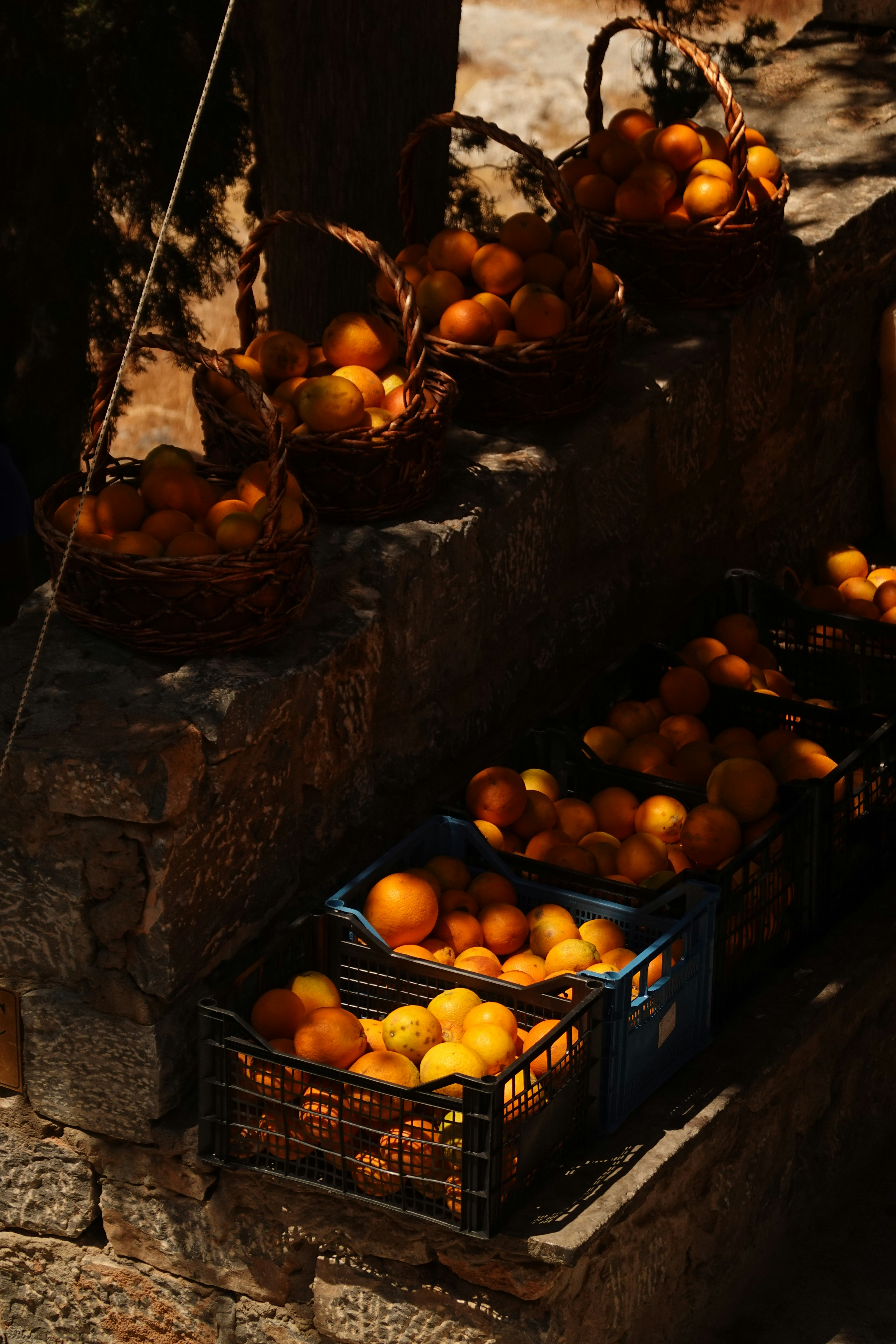 Rows of orange baskets sit along a stone ledge, with crates of fruit below in warm, shaded light. A still-life street market scene highlighting rich color and texture.