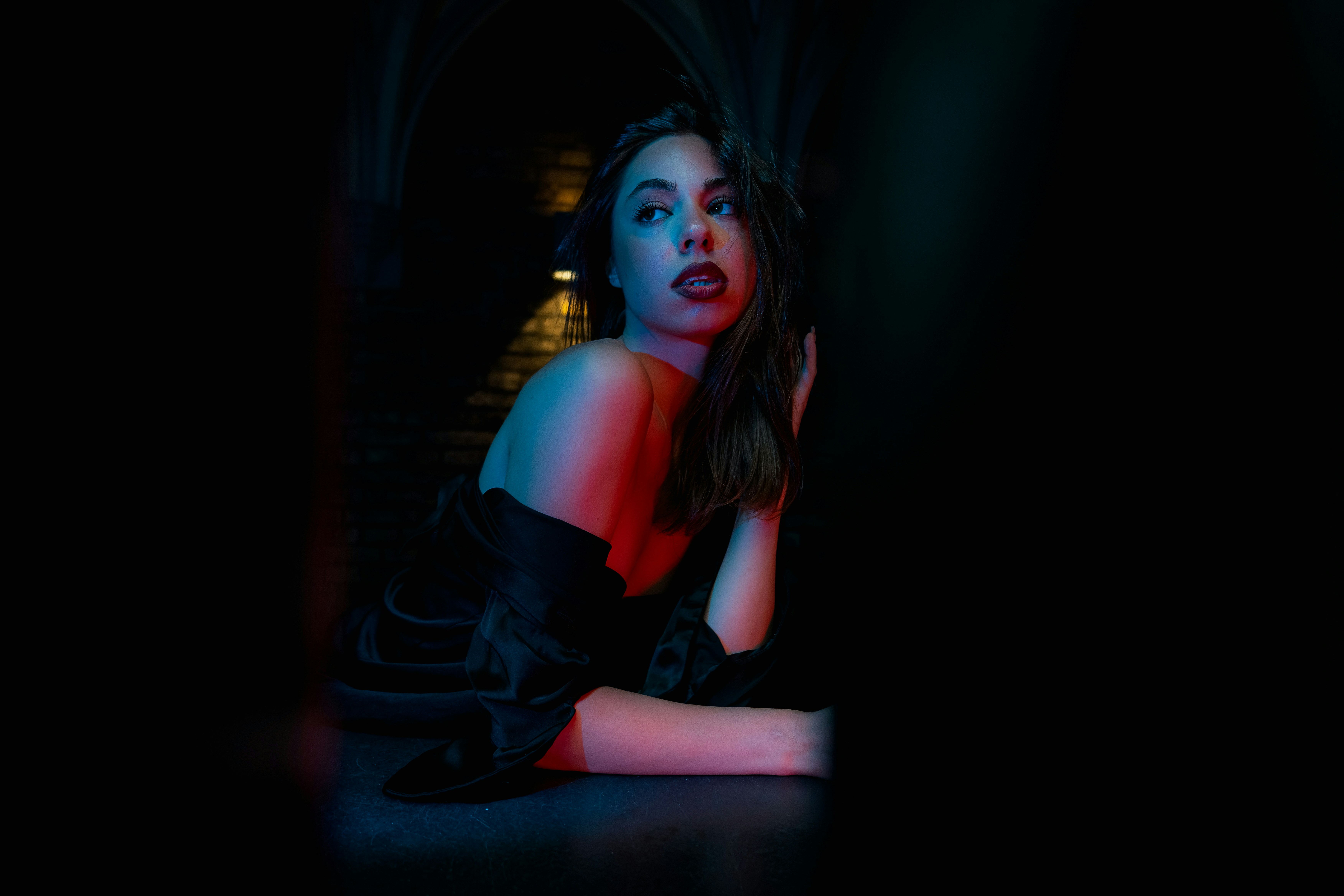 Blue-red Spotlight: A Velvet Off-Shoulder Moment