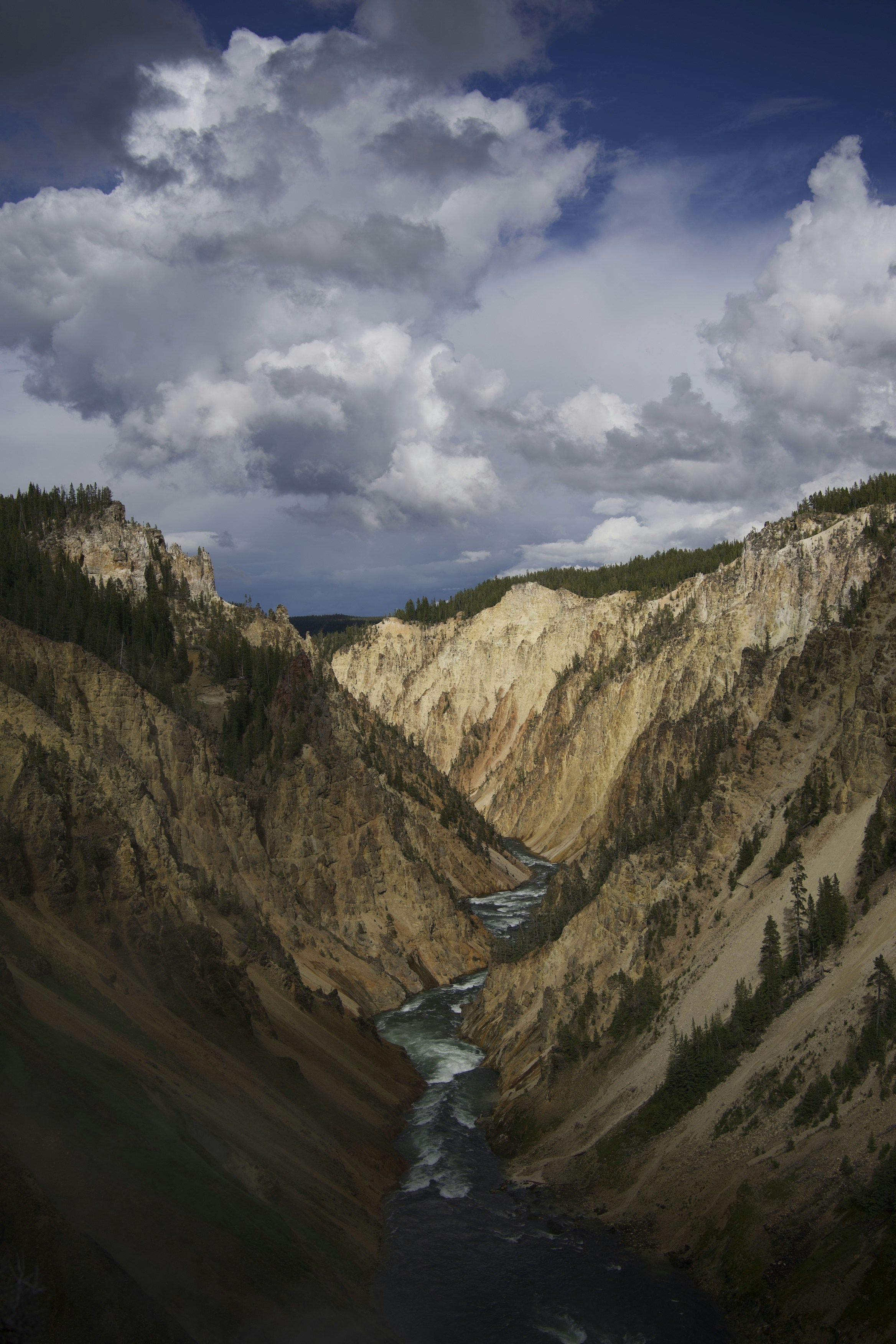 Sunlit canyon valley with a winding river carving through steep, multicolored cliffs and scattered pines; a dramatic sky overhead enhances the rugged landscape.