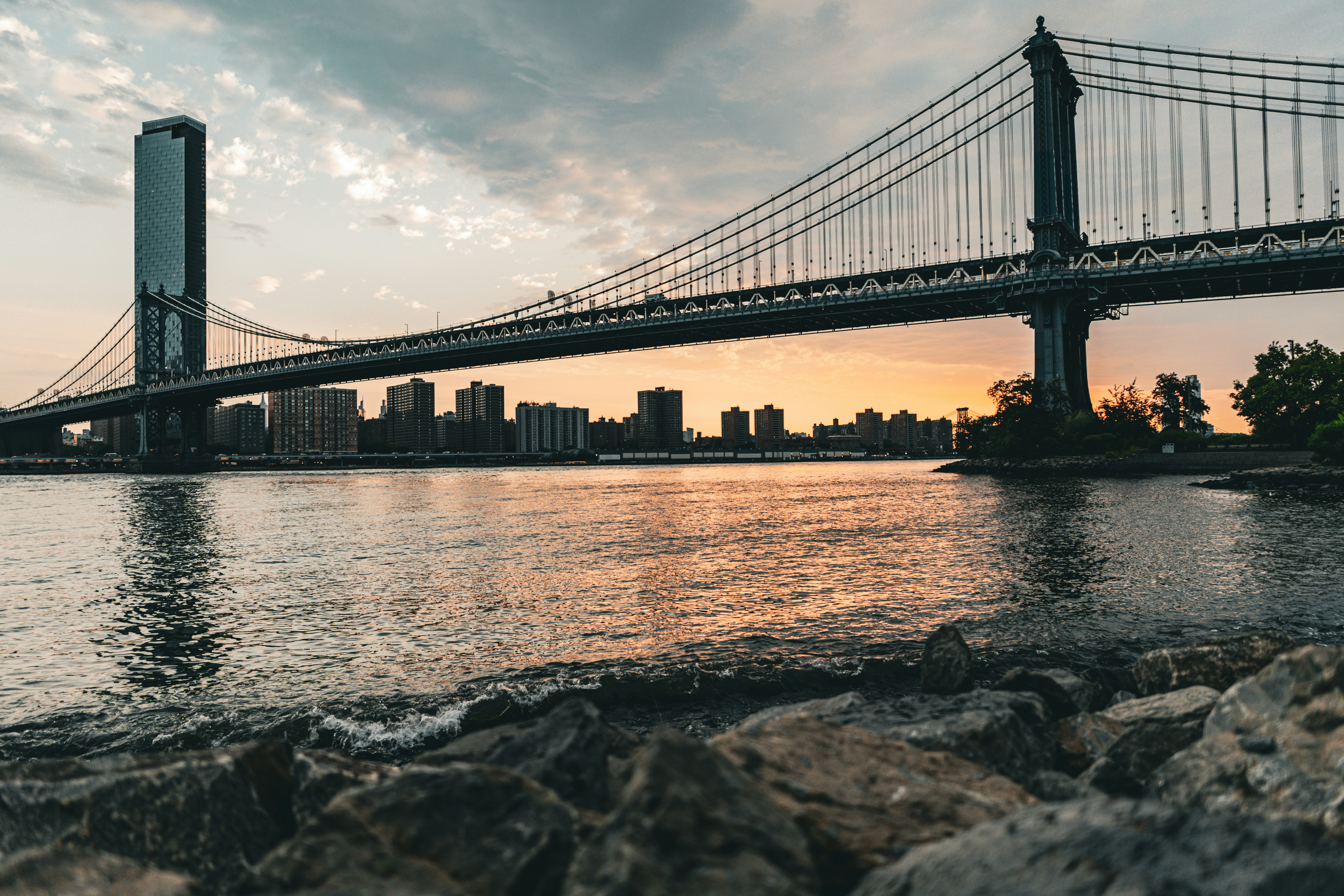 Sunset Skyline under a Span: City Foreshore at Dusk