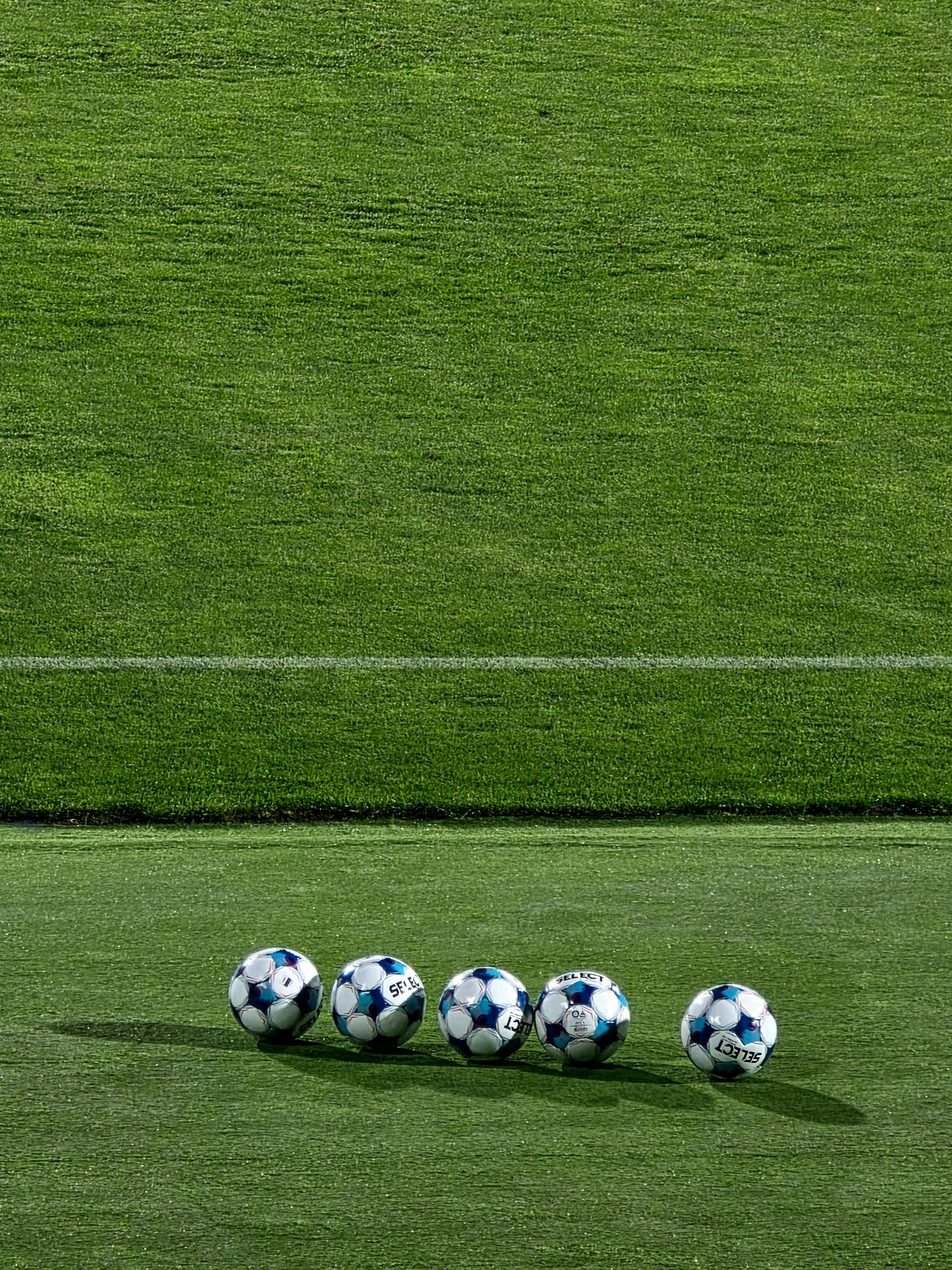 Row of Soccer Balls Resting on a Lush Pitch at Midday