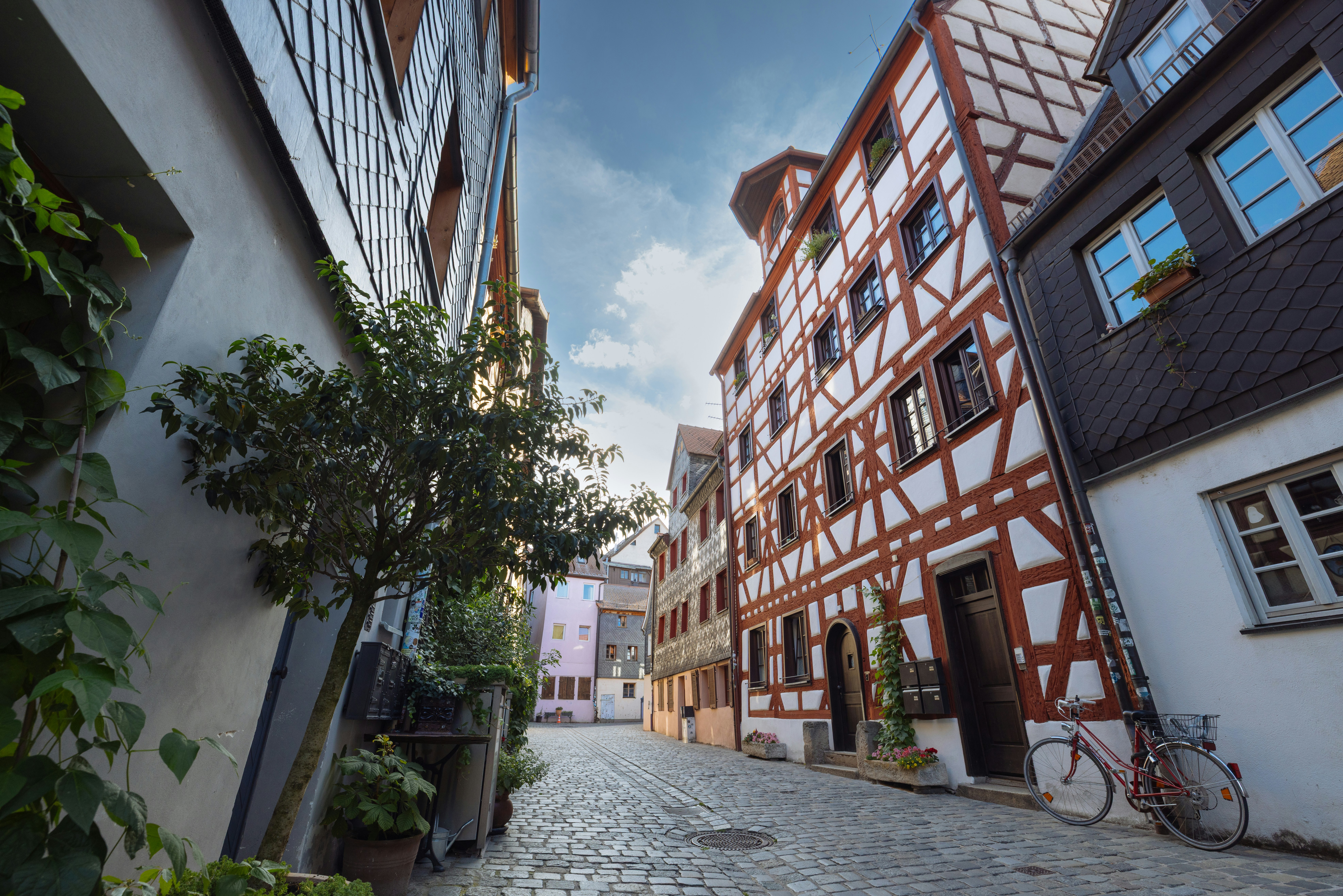 Cobblestone street lined with timber-framed houses and a bicycle leaning by a doorway; a quiet European alley captured in daylight.