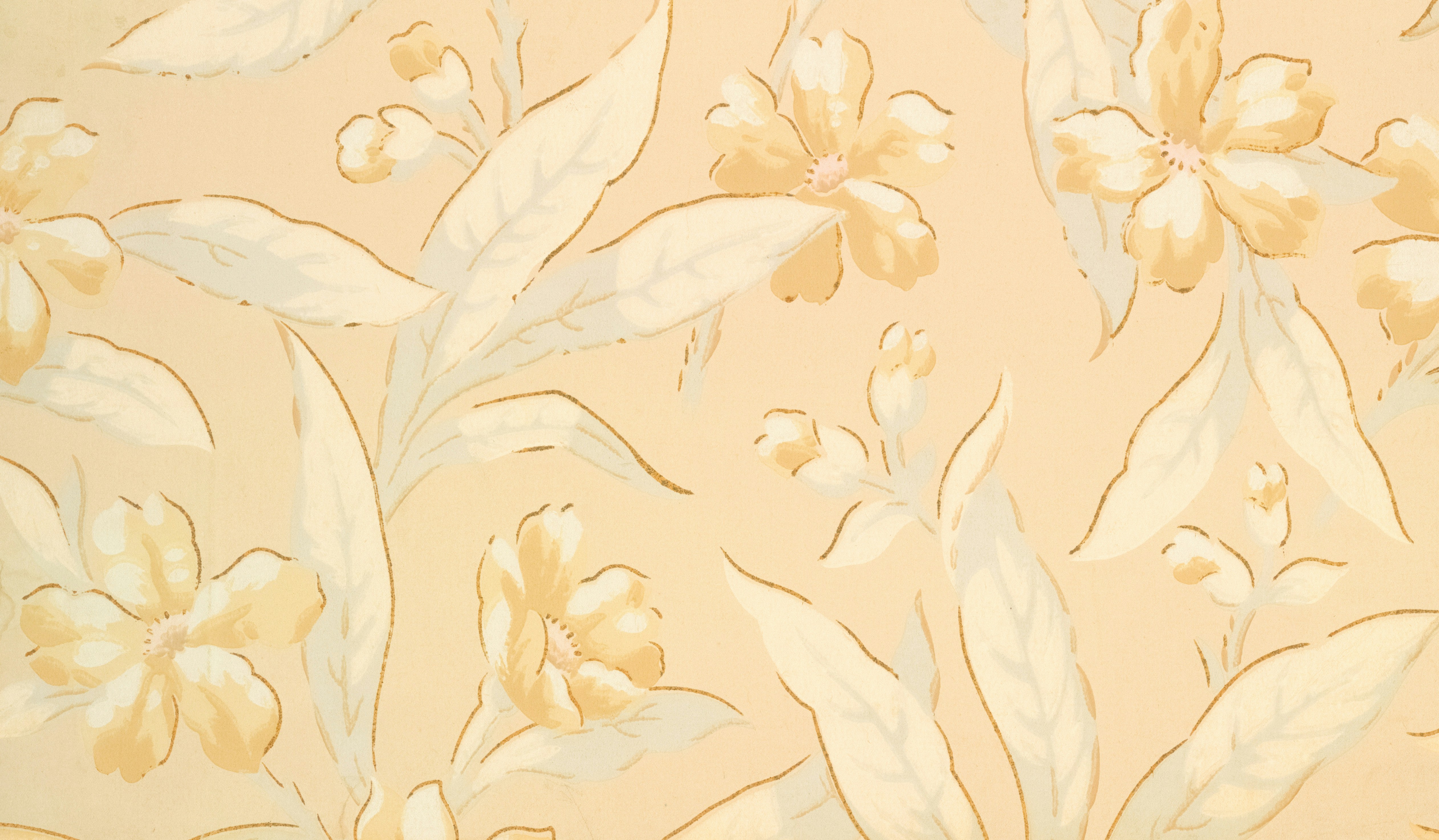 Muted floral pattern featuring pale yellow blossoms and cream leaves on an apricot background with a subtle vintage textile feel.