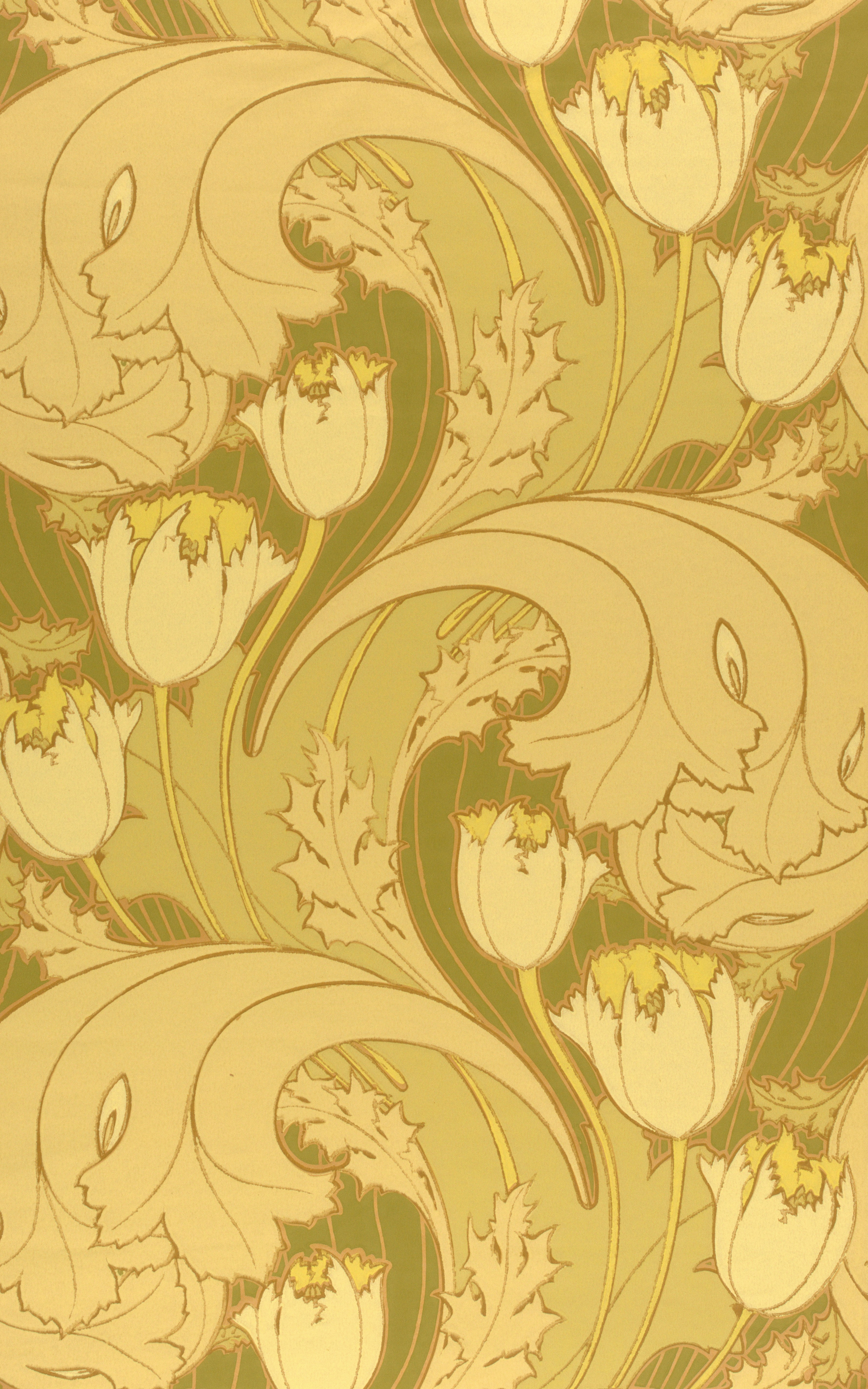 Ornate Tulip Scrolls: Vintage Golden Wallpaper Under Soft Light