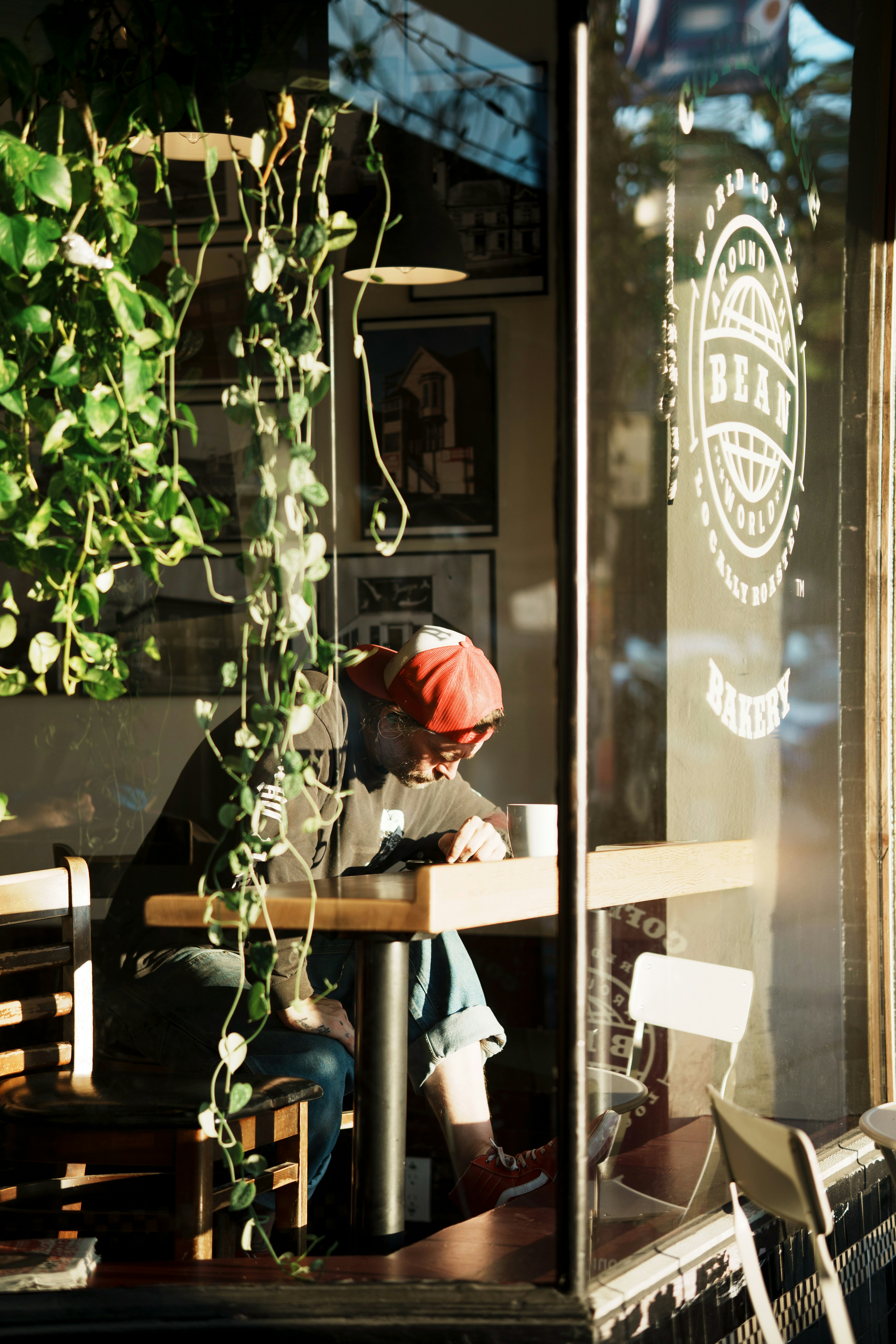 Red-bearded reader in sunlit café corner