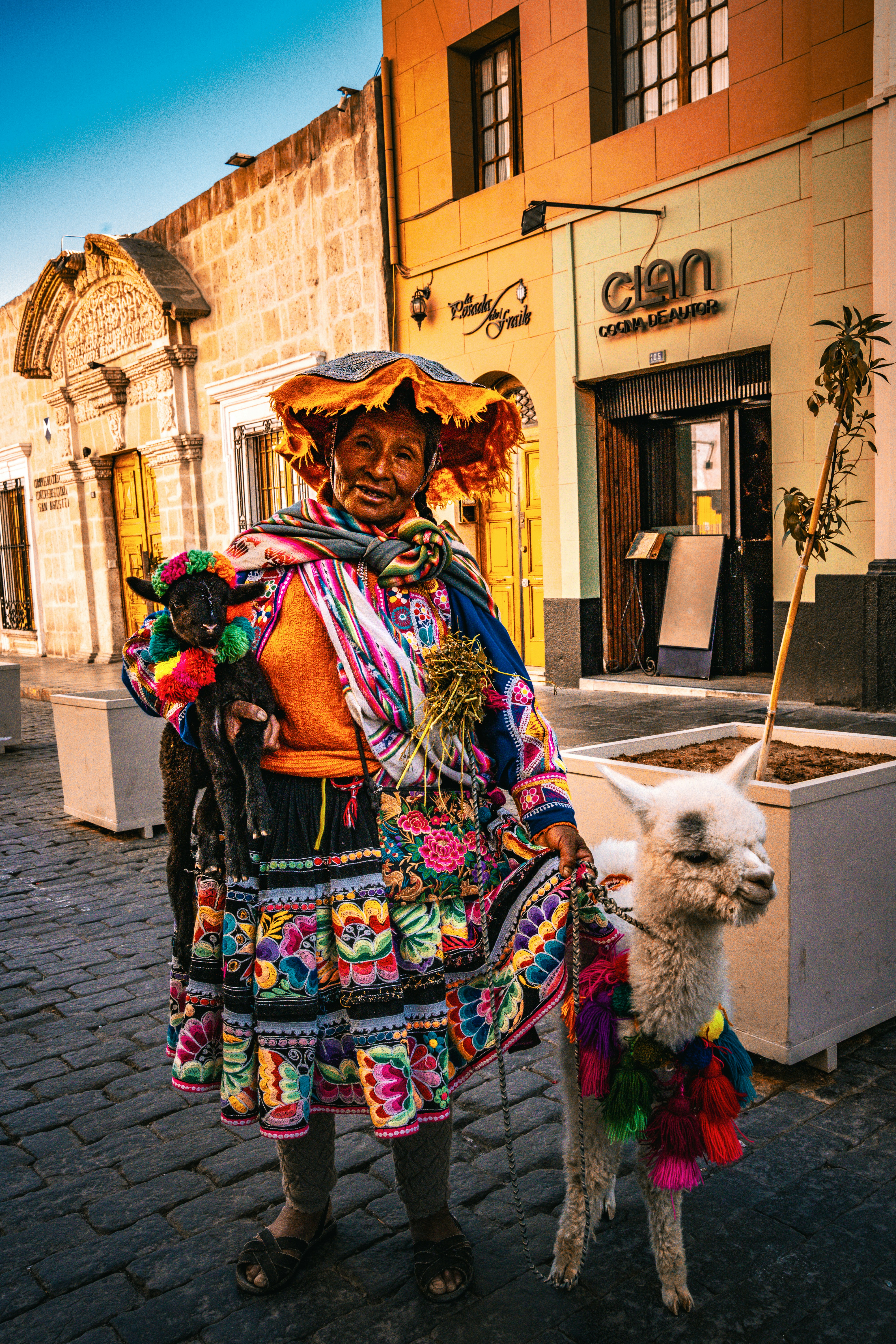A woman in traditional Andean clothing holding a black lamb and a white alpaca