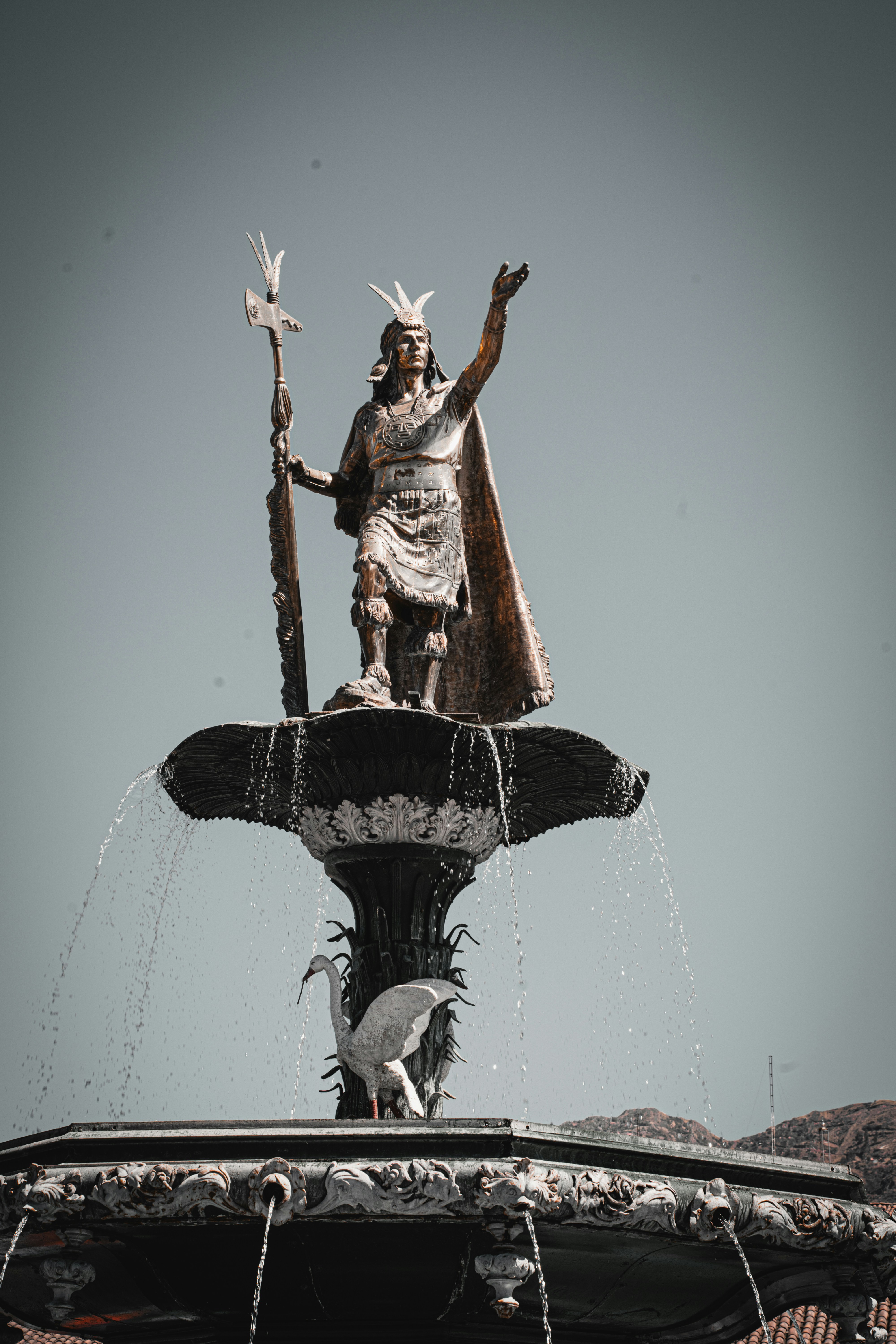 Statue of a Crusader at a Multi-Tiered Fountain