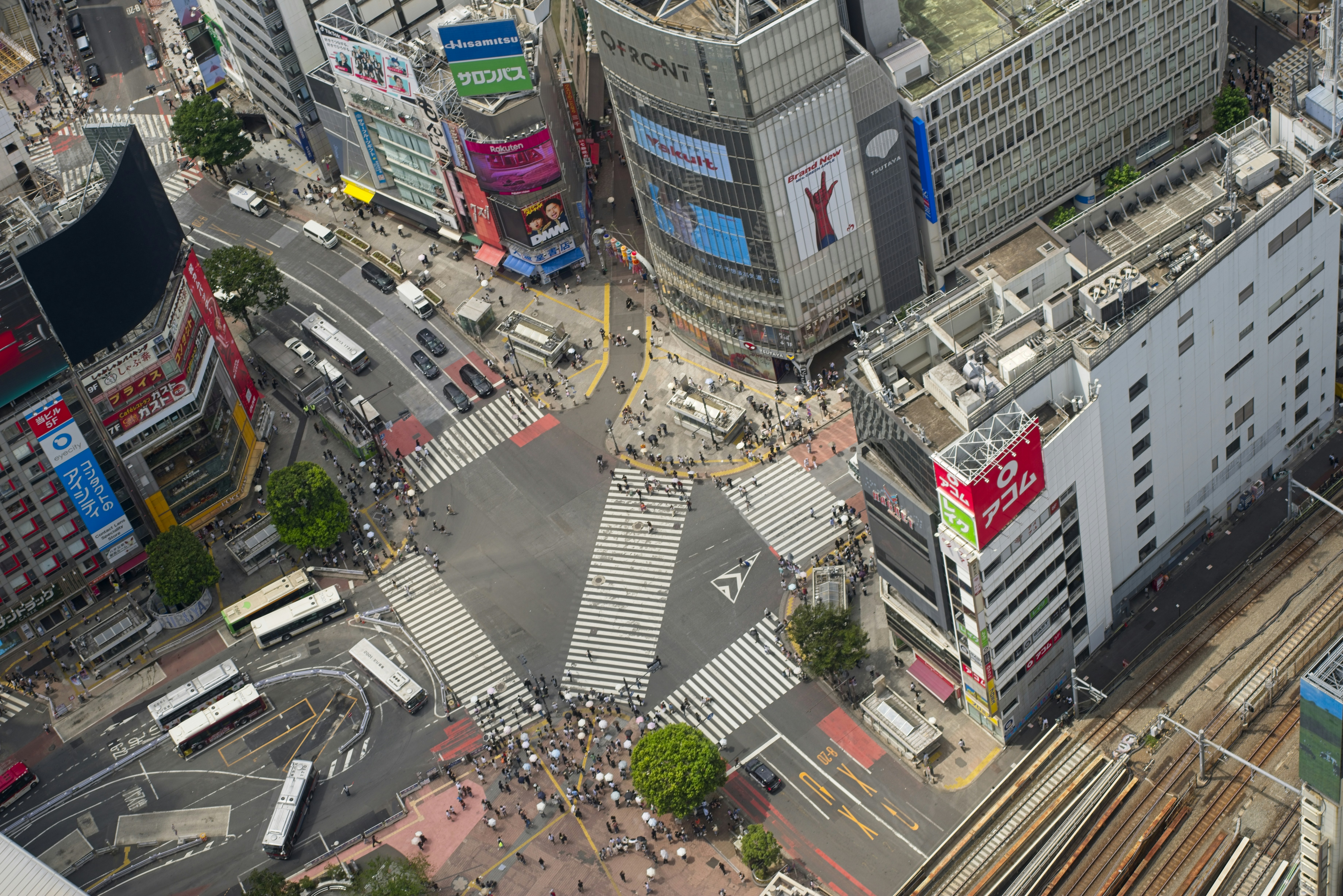 Aerial Arcade: Crosswalks Converging Beneath Neon Canvases