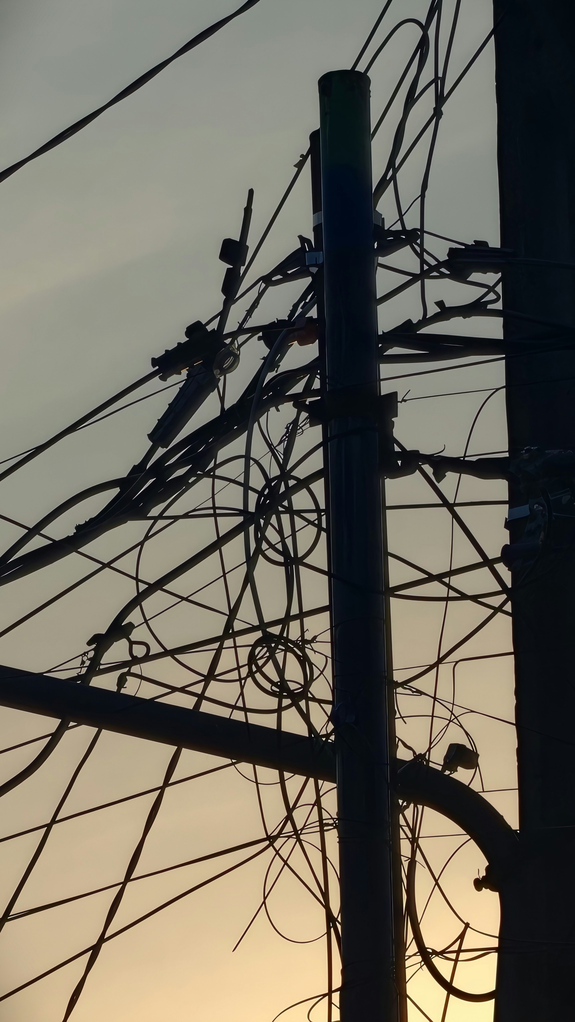 Silhouette of tangled power lines at dusk