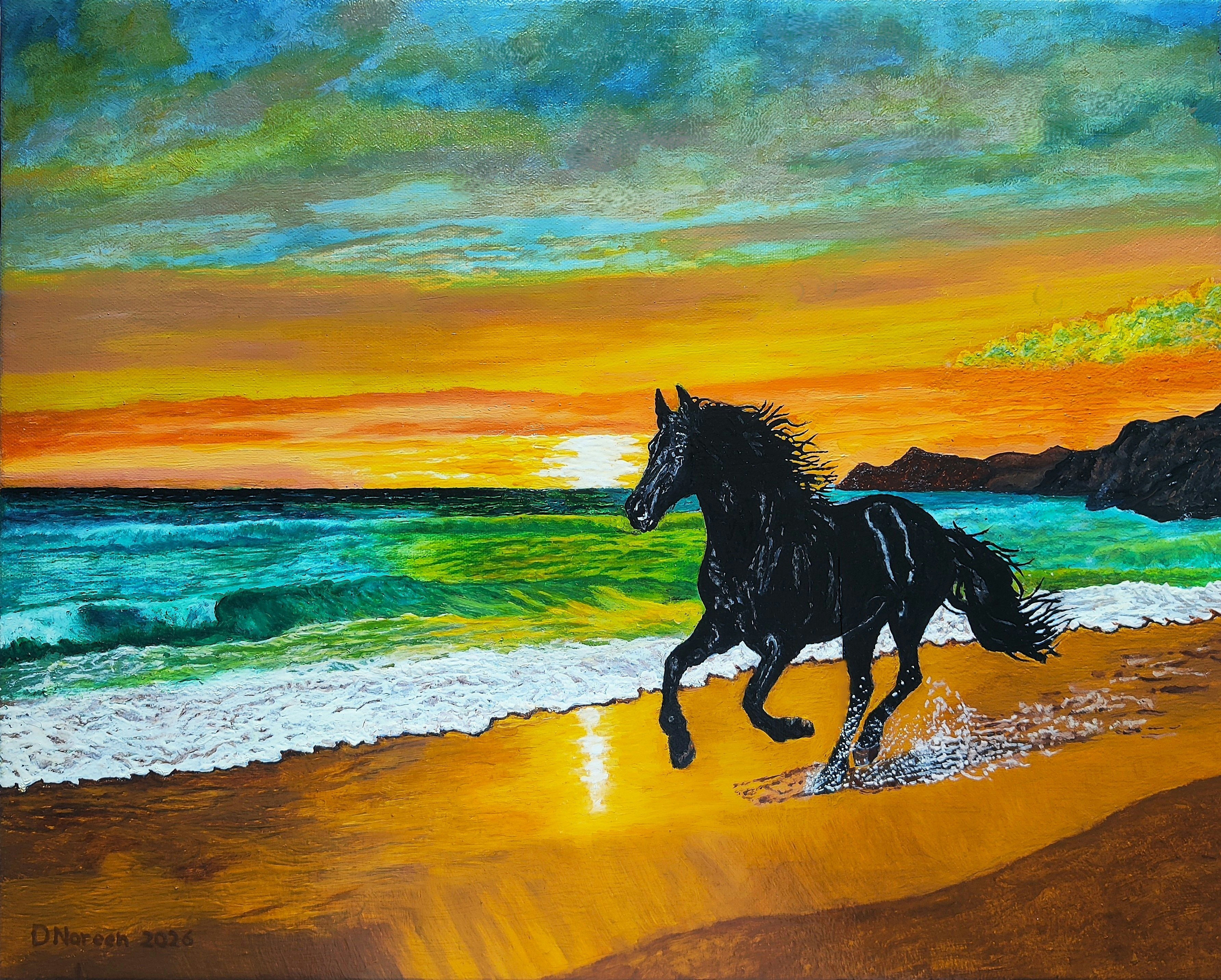 Vivid painting of a black horse running along a sunlit shoreline with a blazing orange sky and turquoise sea, capturing motion and dramatic color contrast.