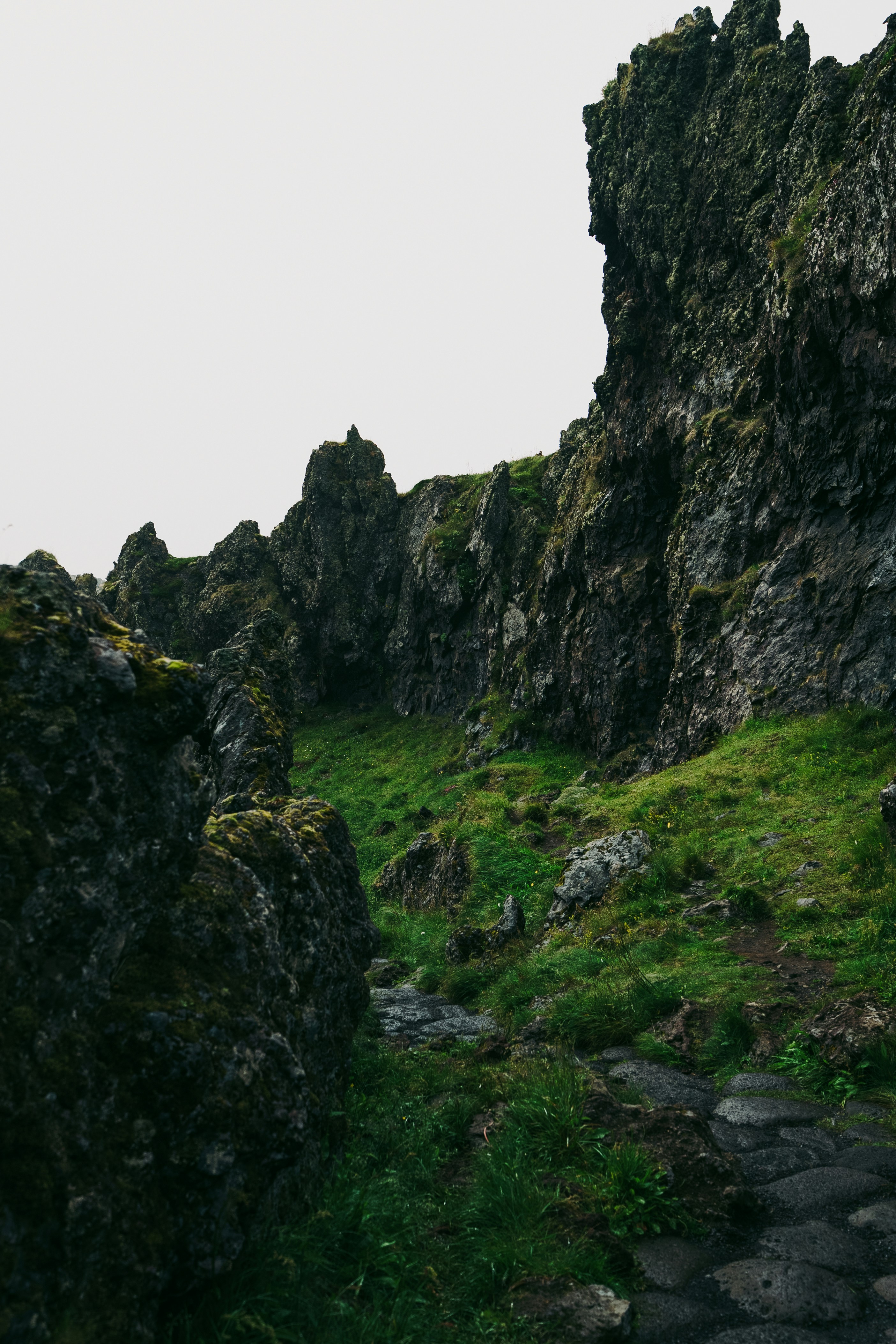 Rugged Stone Corridor: Green Path Between Cliffs