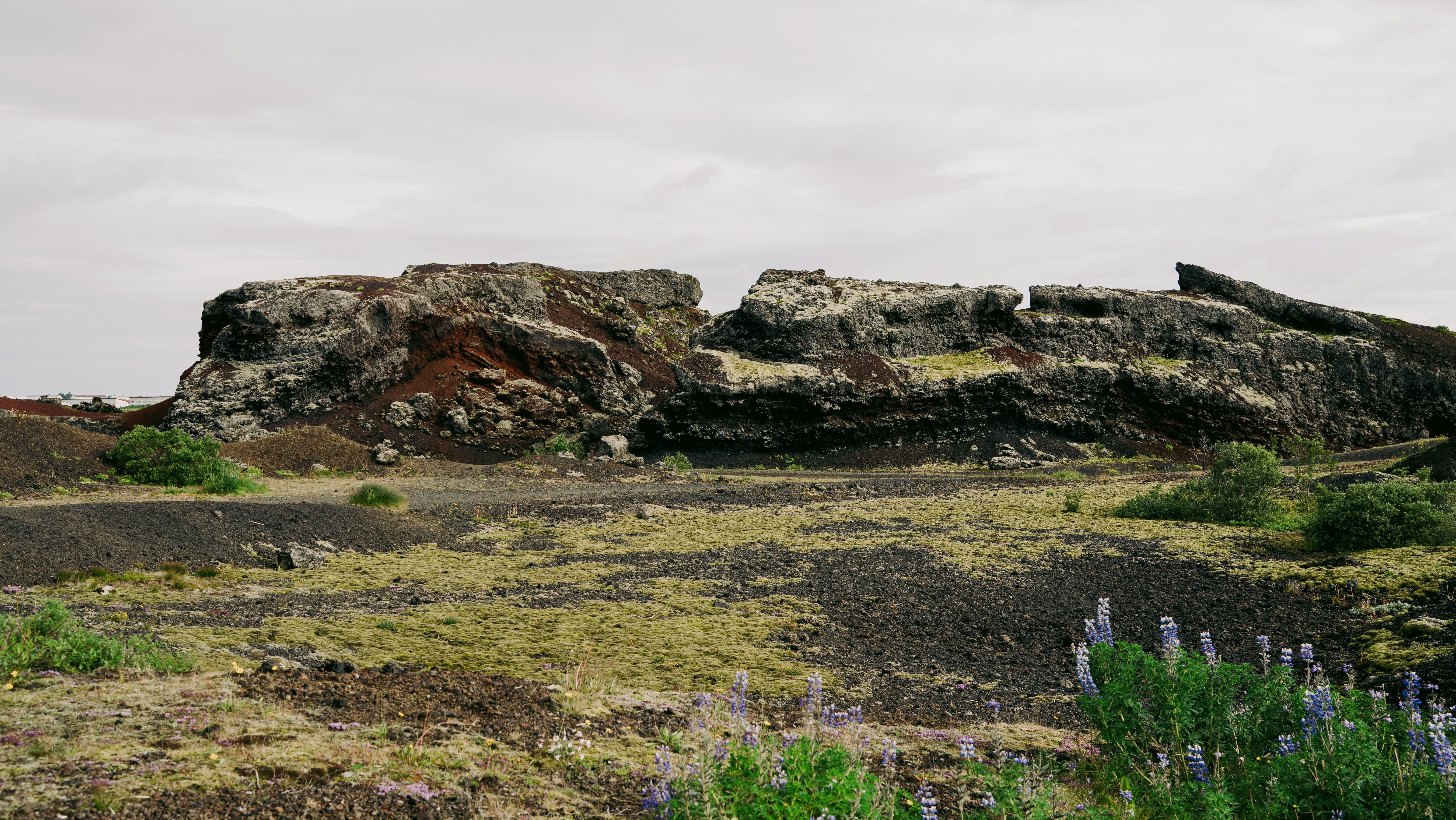 Lava Field and Cliff Edge Beneath a Grey Sky