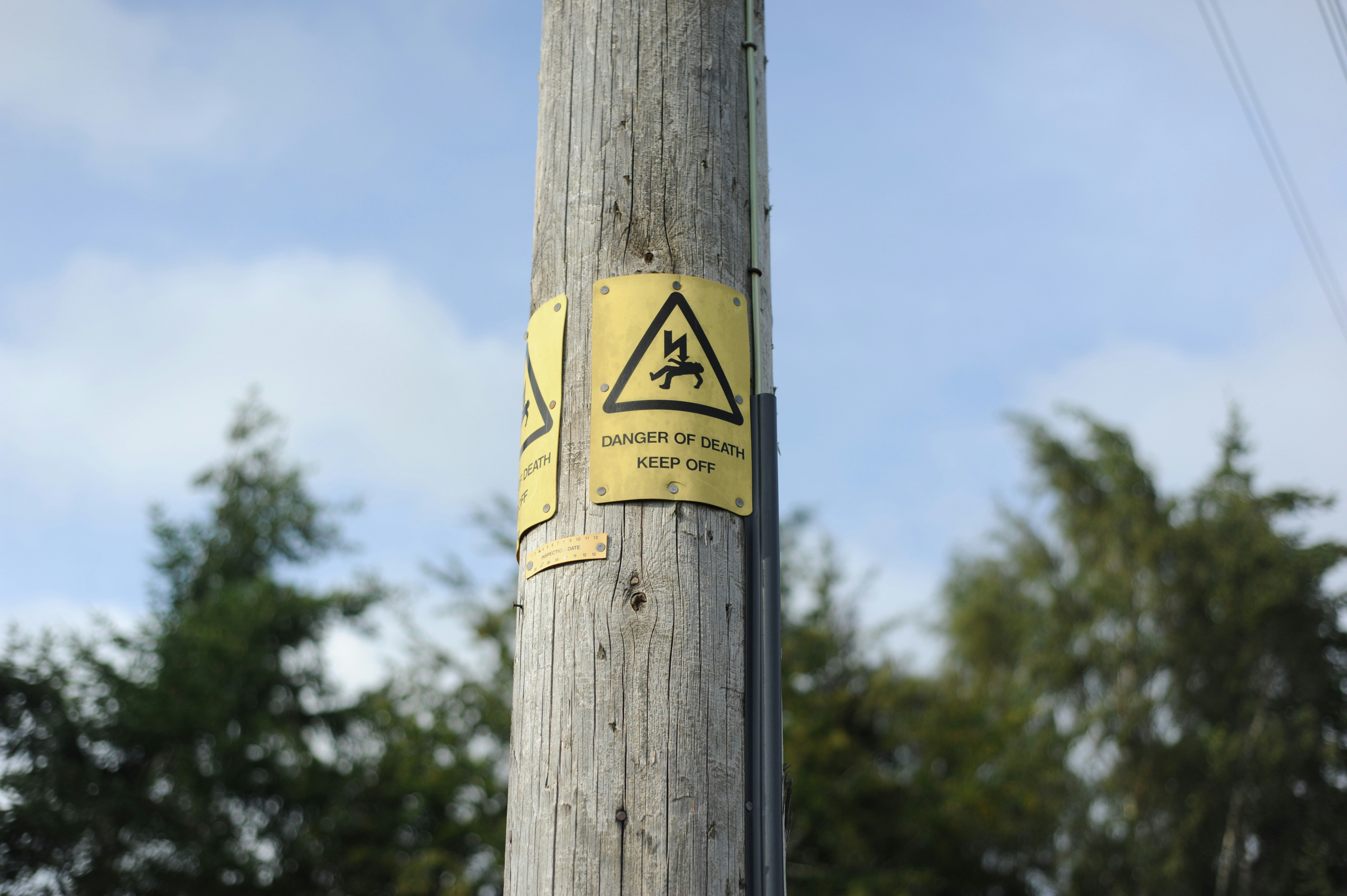 Warning Sign on Weathered Utility Pole Reaching Toward the Sky