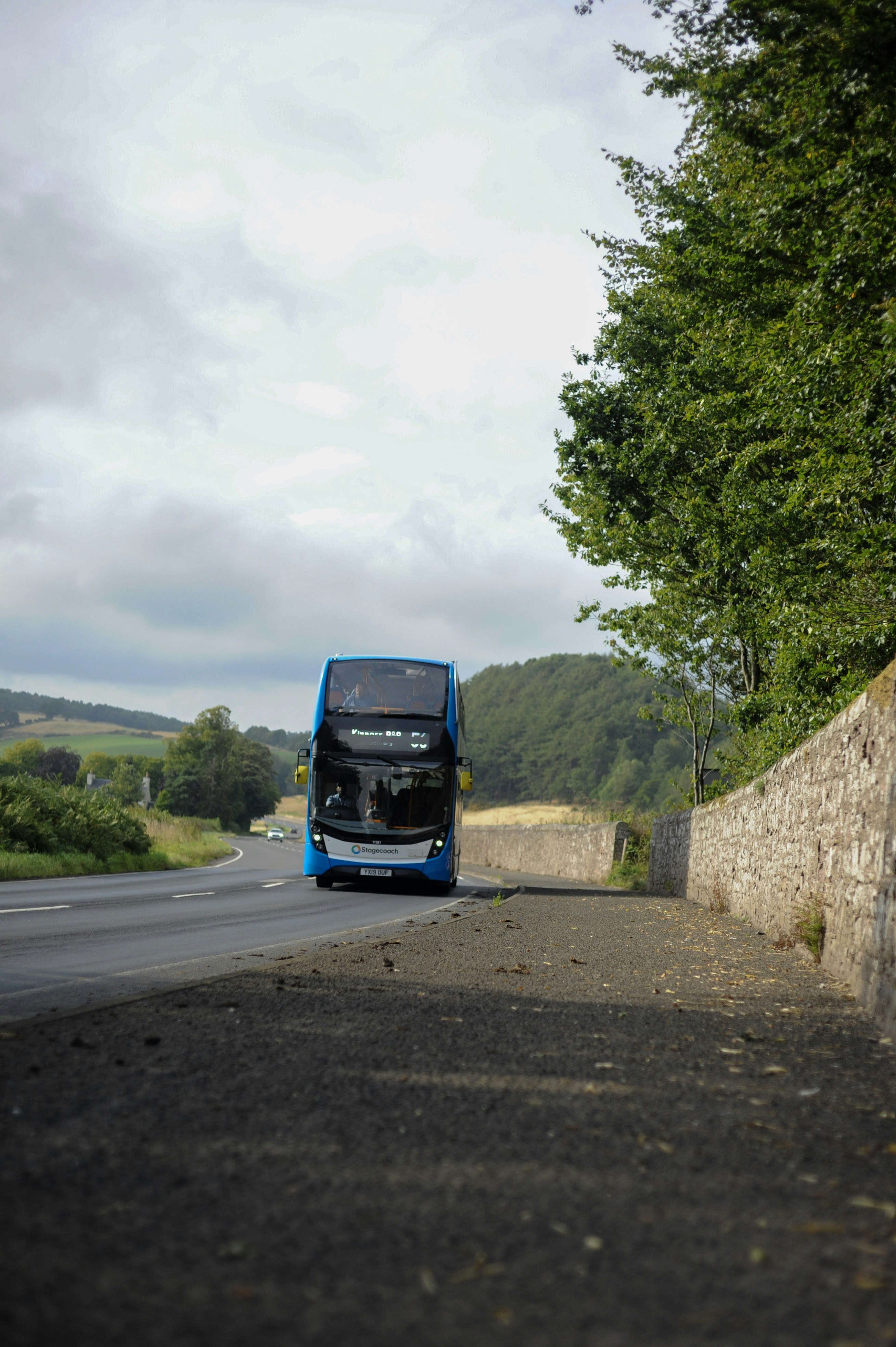 Blue coach in motion: a sunlit highway cut through the countryside