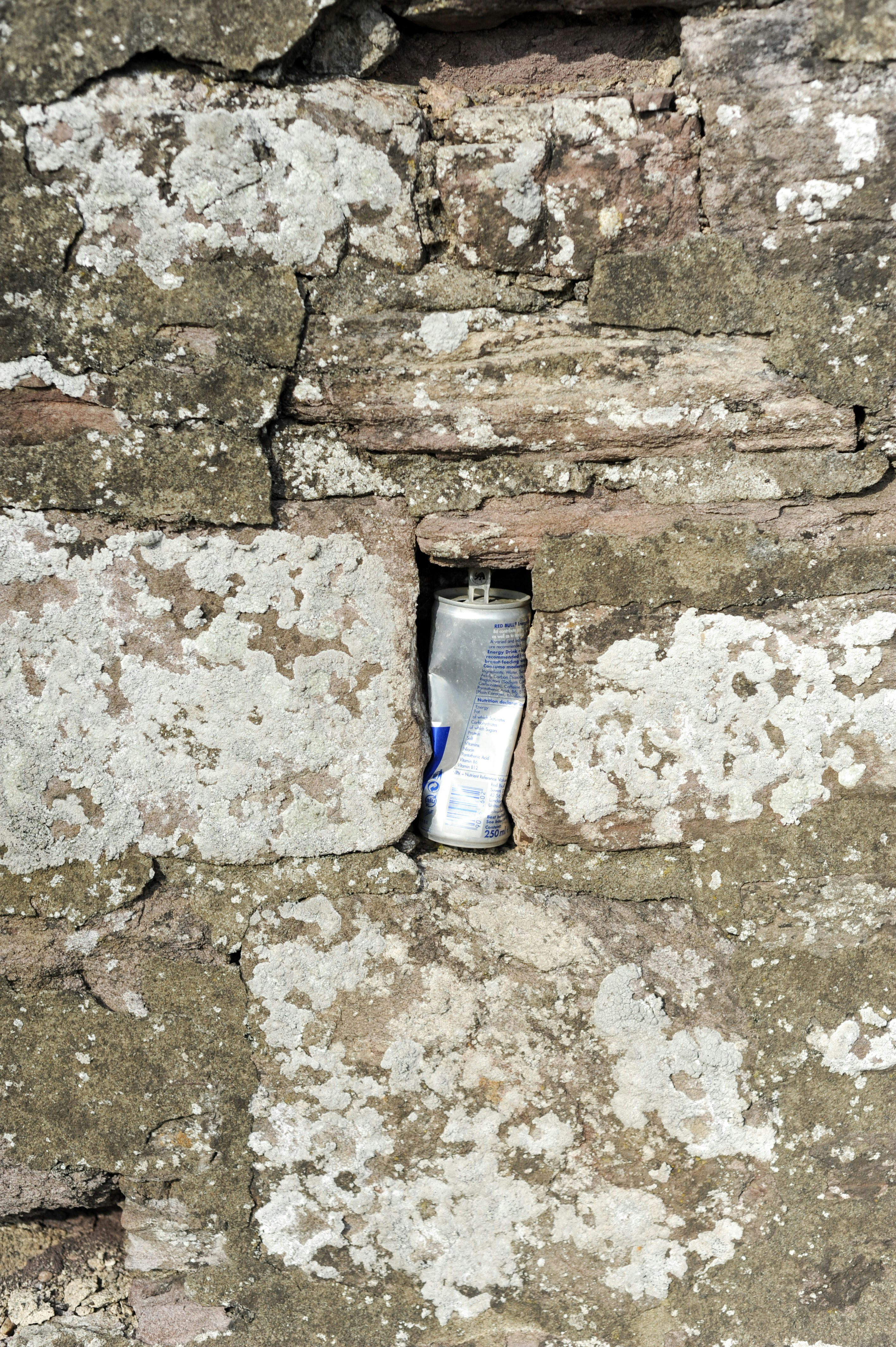 Cracked Stone Wall with Hidden Soda Can