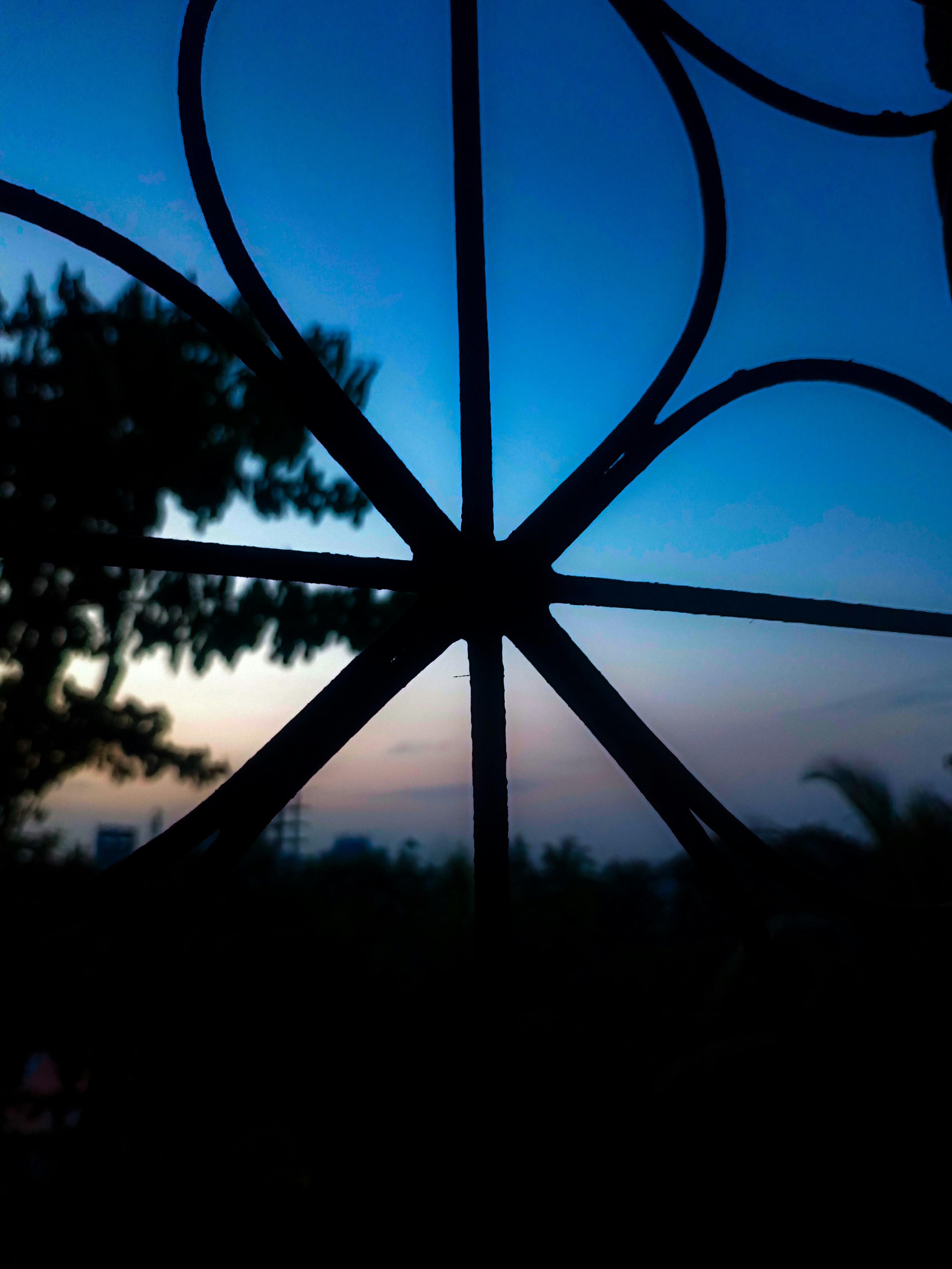 Close-up view of a circular iron lattice silhouetted against a gradient dusk sky, with tree silhouettes in the background. This is a decorative metal grille captured at low light.