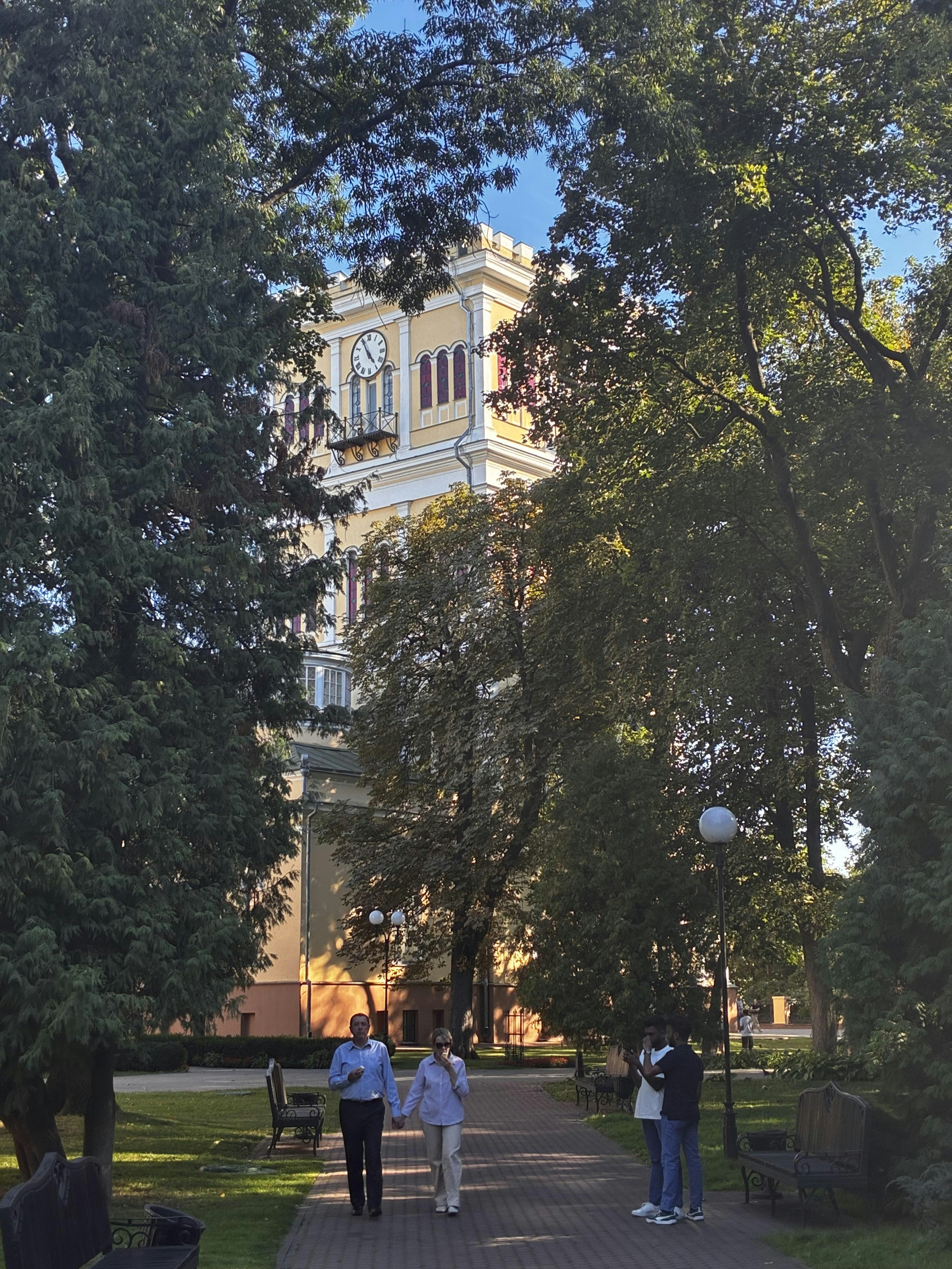 Clock Tower in the Park: Sunlit Facade Peeking Through the Trees