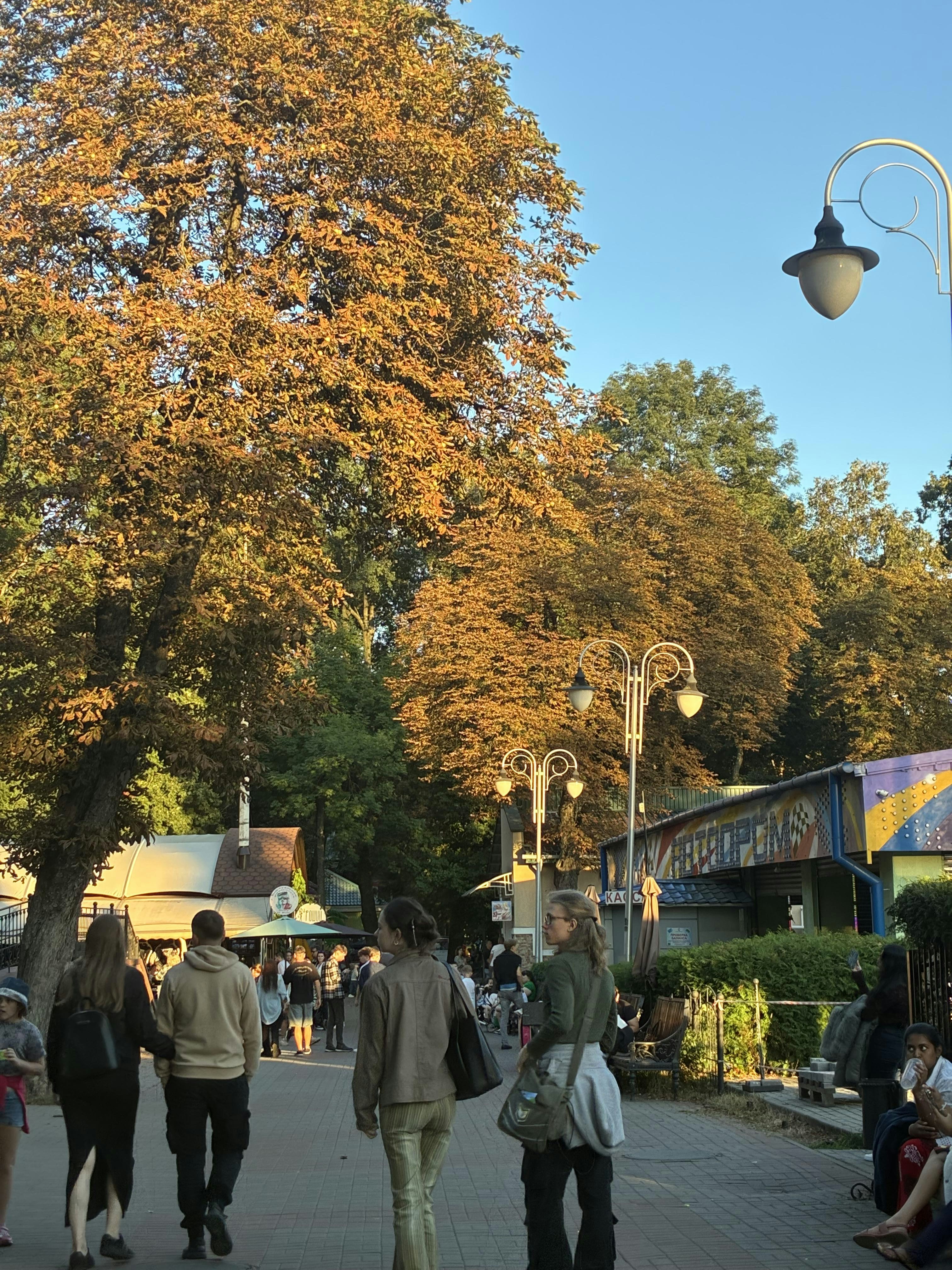 Busy park scene with people strolling along a paved path under tall autumn trees and classic streetlamps; a colorful market or fair is visible in the background, suggesting community activity. This is a candid street scene photograph.