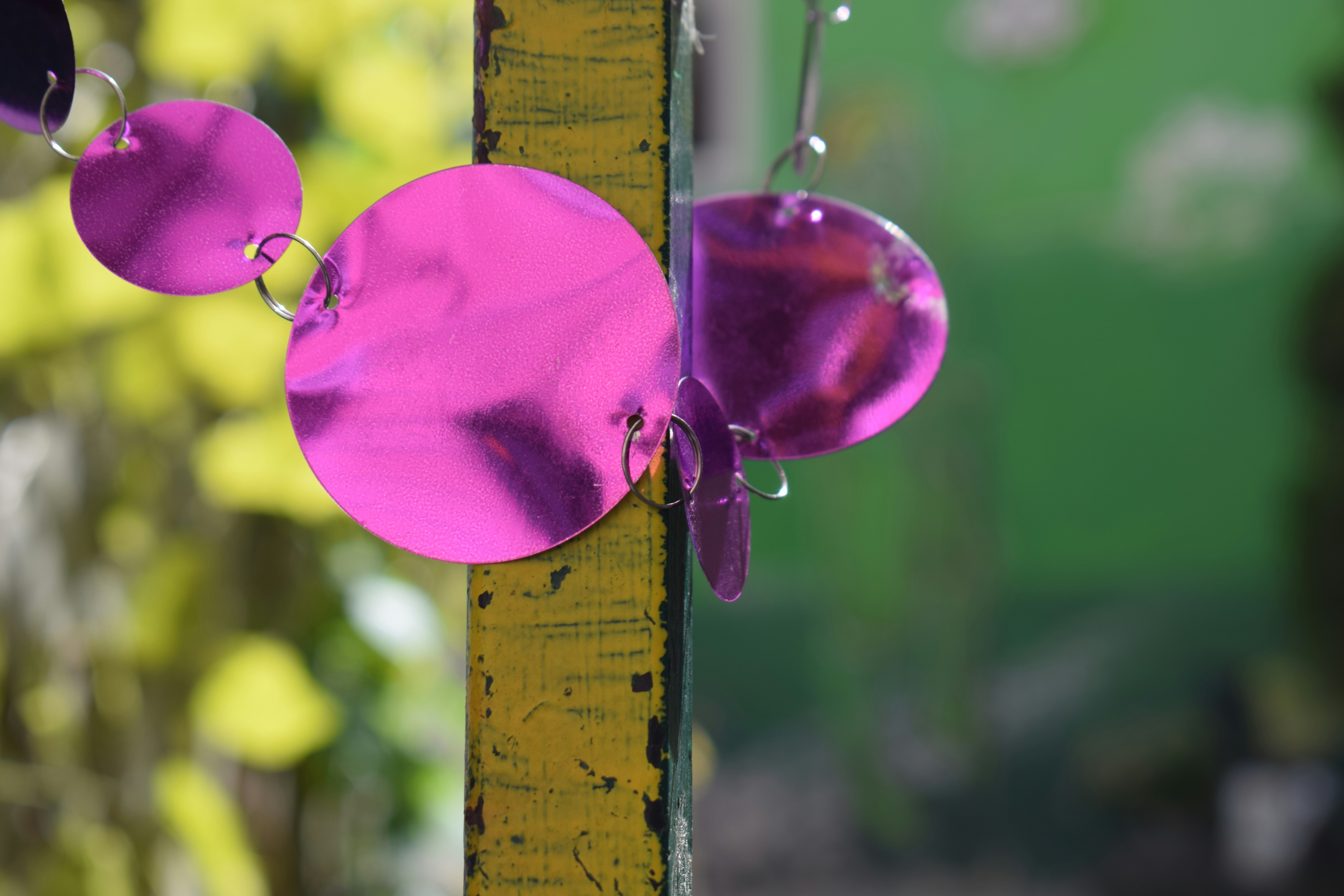 Vibrant Orbs on a Weathered Post