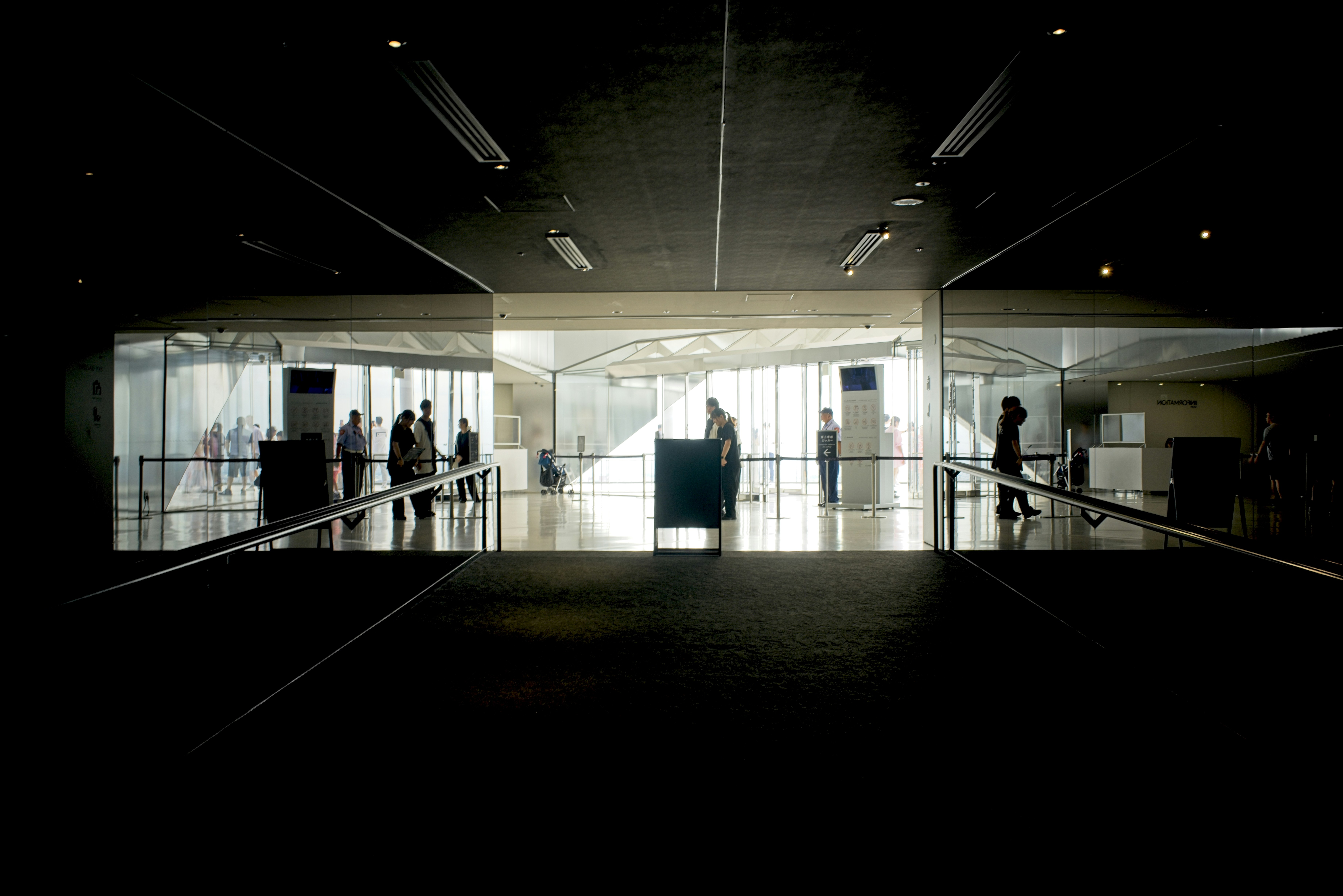 Silhouetted Threshold: People Crossing a Bright Atrium