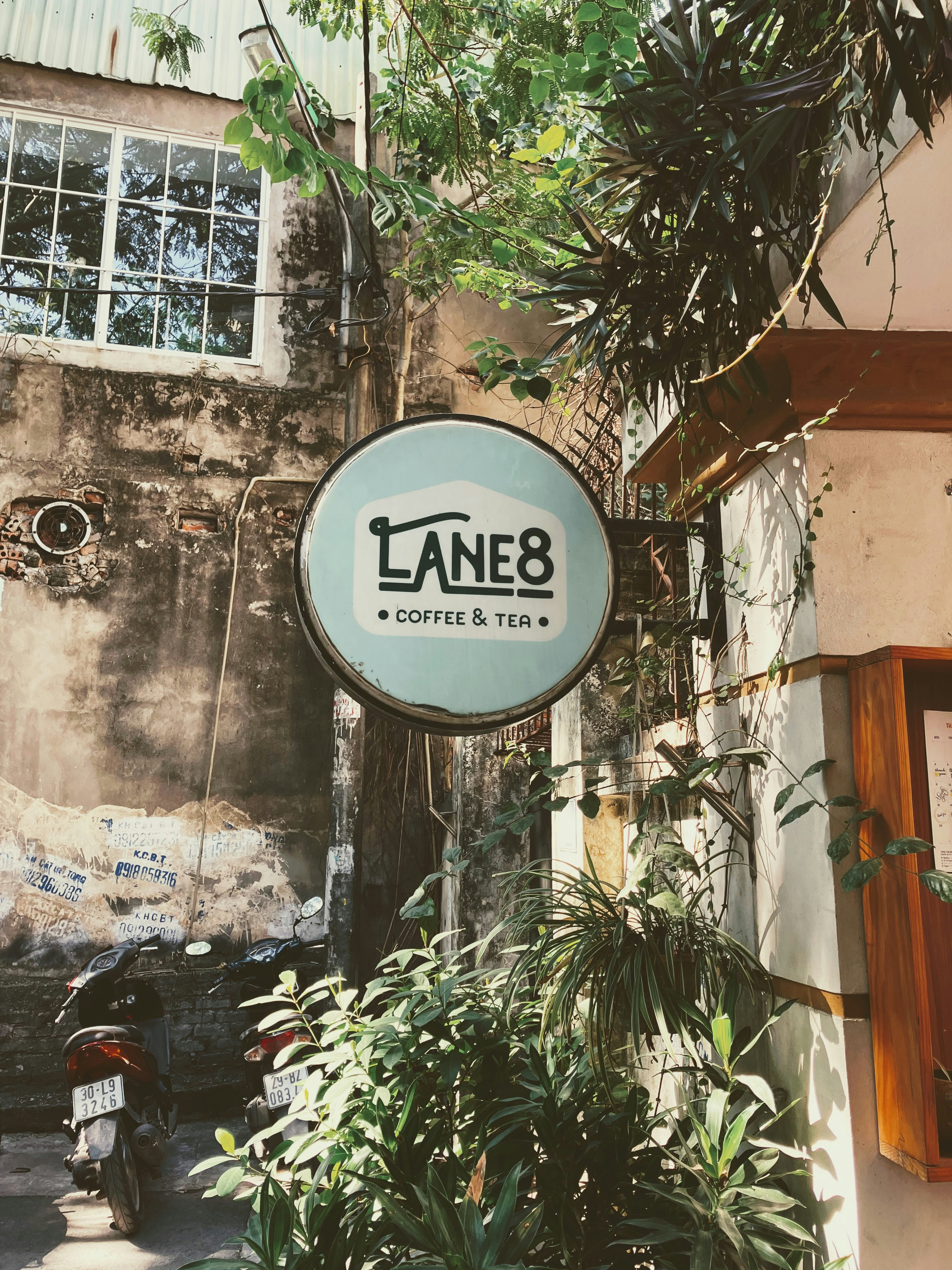 A round LanE8 Coffee & Tea sign hangs outside a rustic facade with vines and plants surrounding the area.