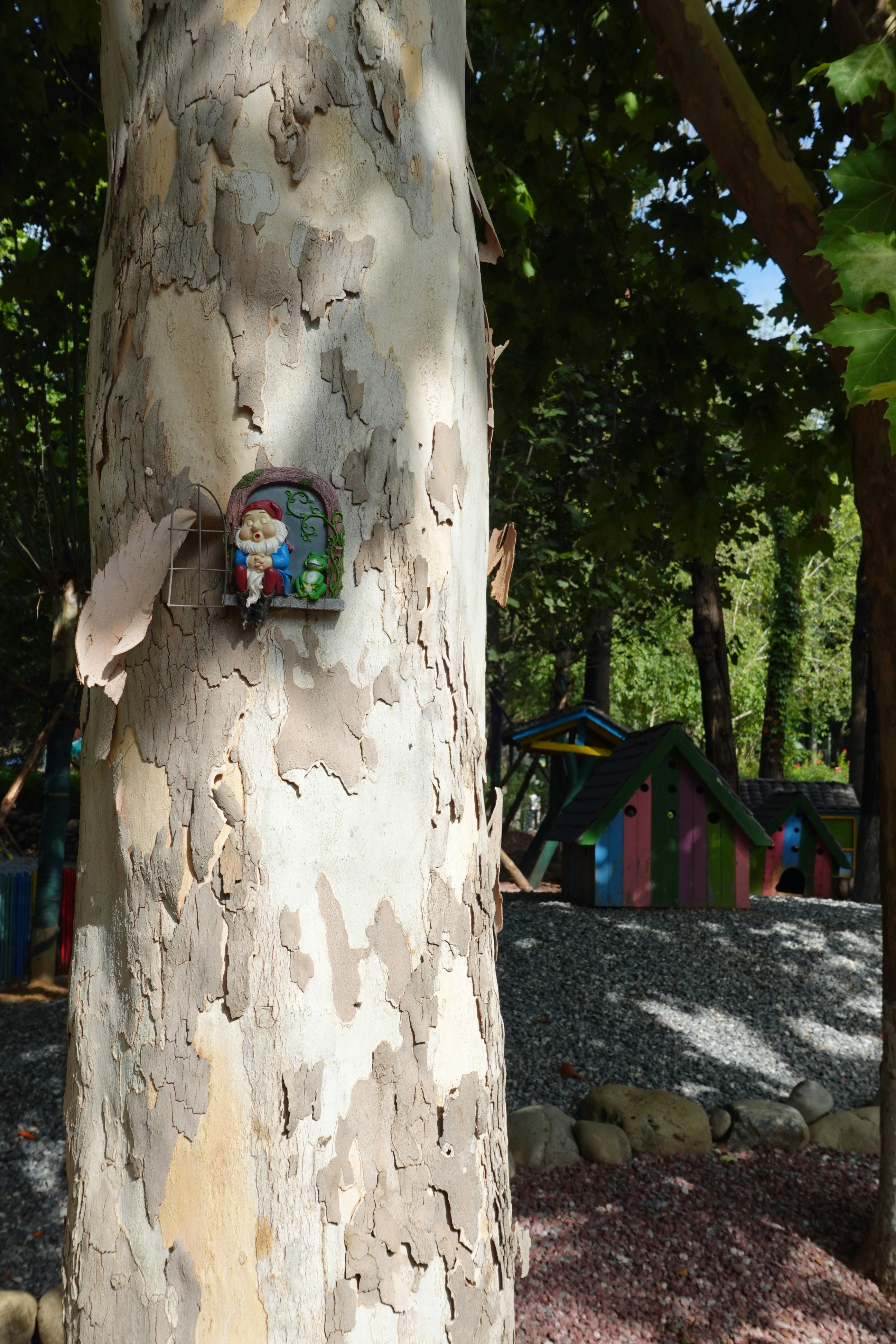 Tree Trunk Sentinel: A Tiny Figure in a Painted Doorway
